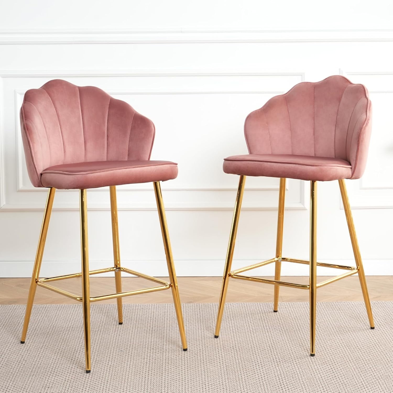 Modern Bar Stools Set of 2, Shell Shape Pink Velvet Upholstered Bar ...
