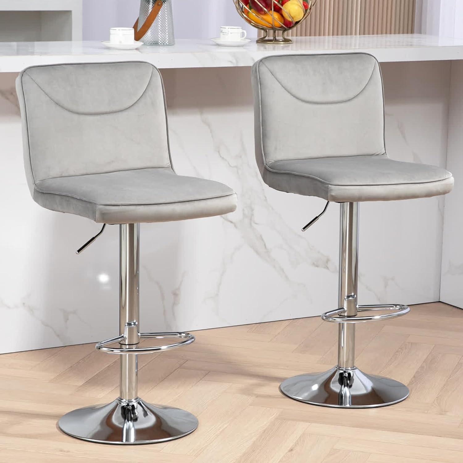 Modern Bar Stools Set of 2, Velvet Counter Height Bar Chairs, with ...