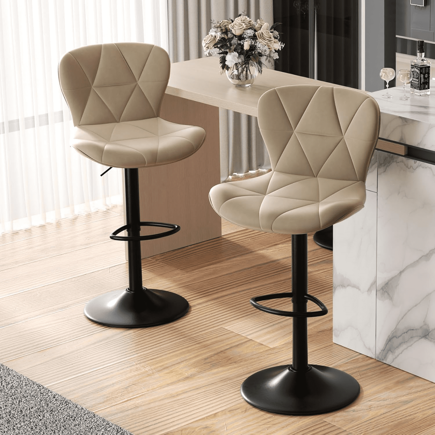 Modern Bar Stools Set of 2, Adjustable Faux Leather Upholstered Swivel ...