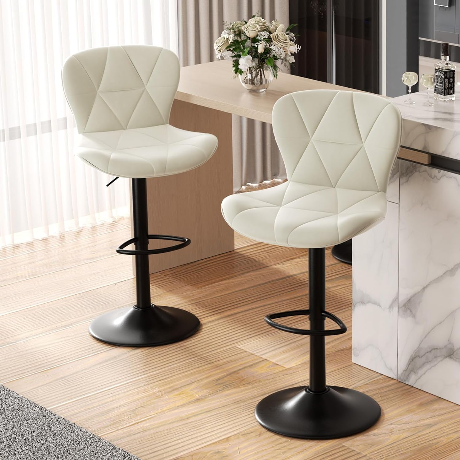 Modern Bar Stools Set of 2, Adjustable Faux Leather Upholstered Swivel ...
