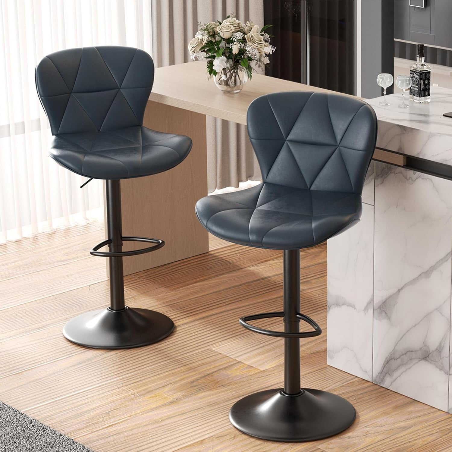 Modern Bar Stools Set of 2, Adjustable Faux Leather Upholstered Swivel ...