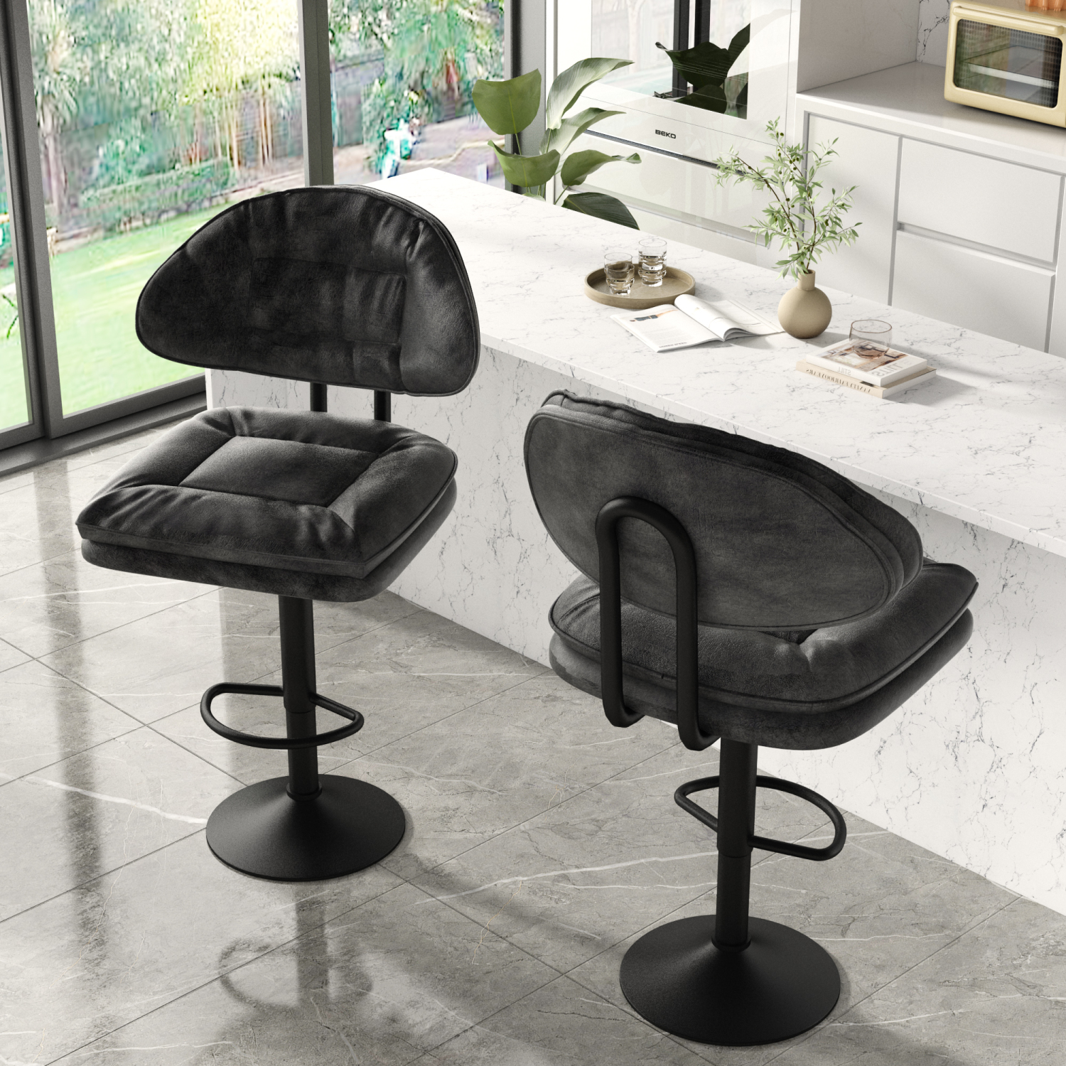 Modern Bar Stools Set of 2 Ergonomic Upholstered Bar Stools with Back ...