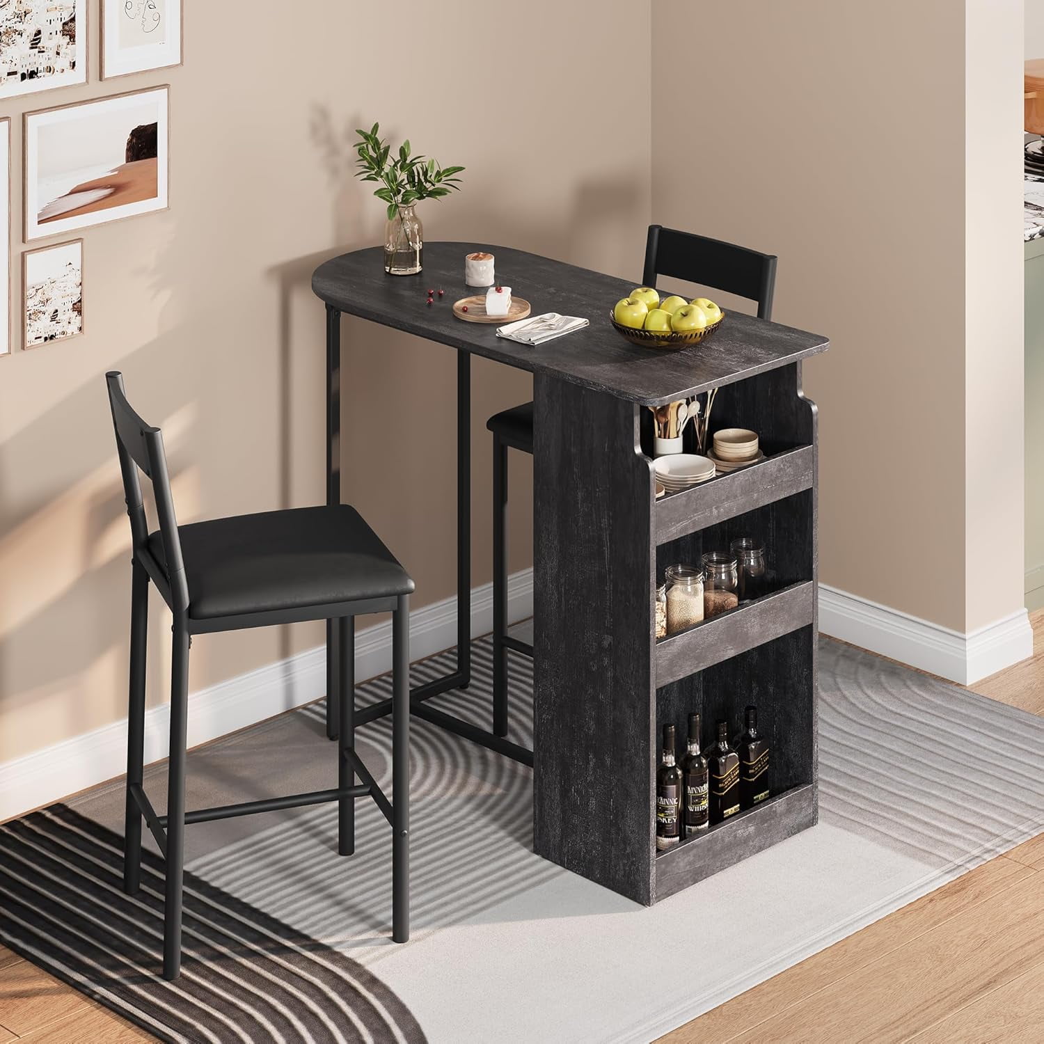 Modern Bar Table and Chairs Set for 2 with Three-Tier Storage - Grey ...