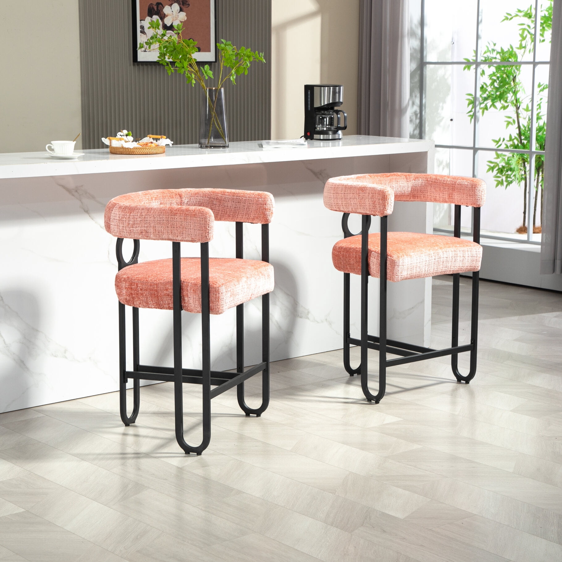 Modern Barstools Set of 2, Durable Metal Frame Bar Stools with Chenille ...