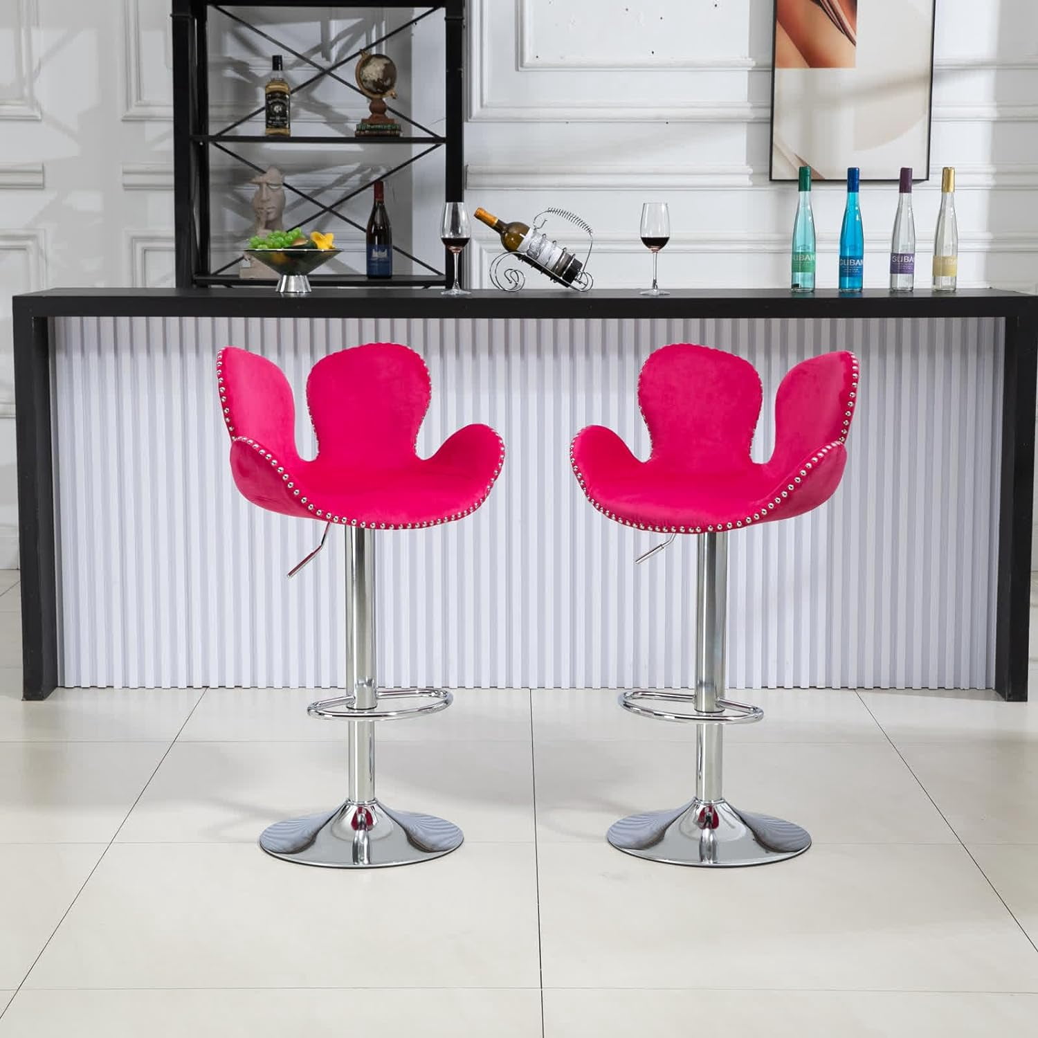 Modern Barstools Set of 2, Flower Hot Pink, Counter Height Bar Chairs ...