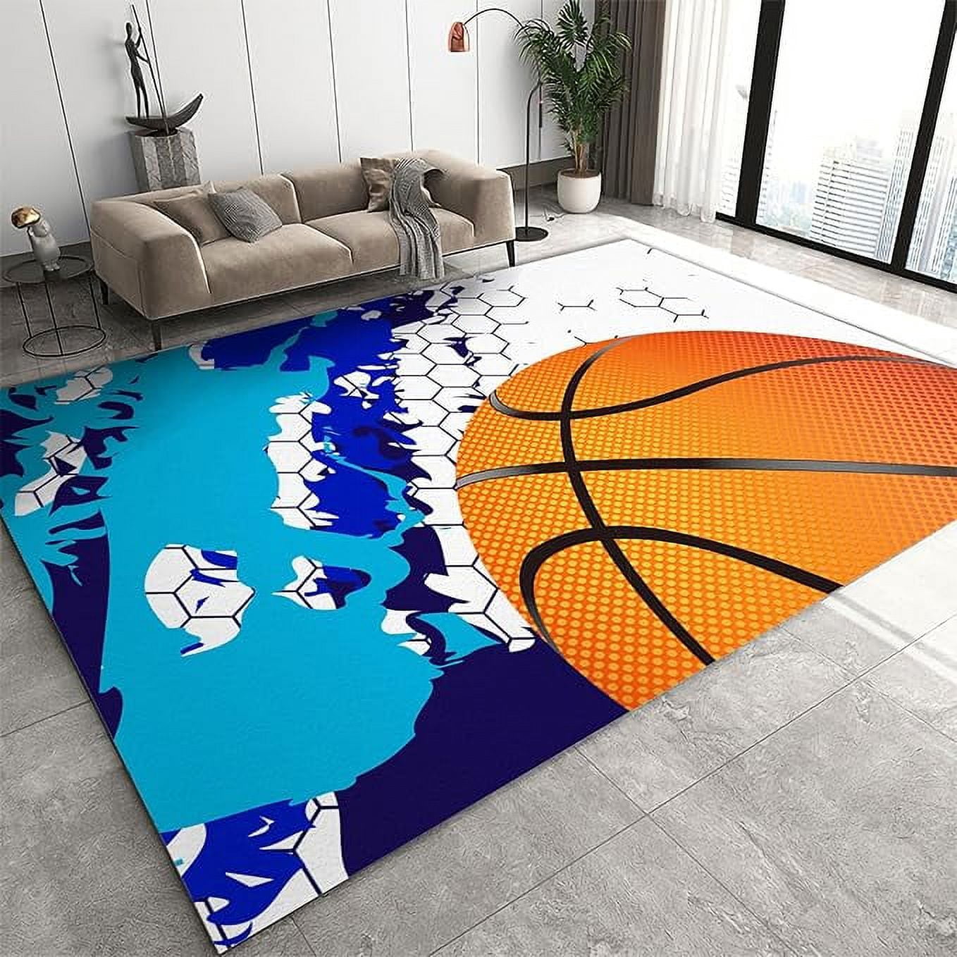 Modern Basketball Geometry Kids Area Rug, Abstract Blue Graffiti ...