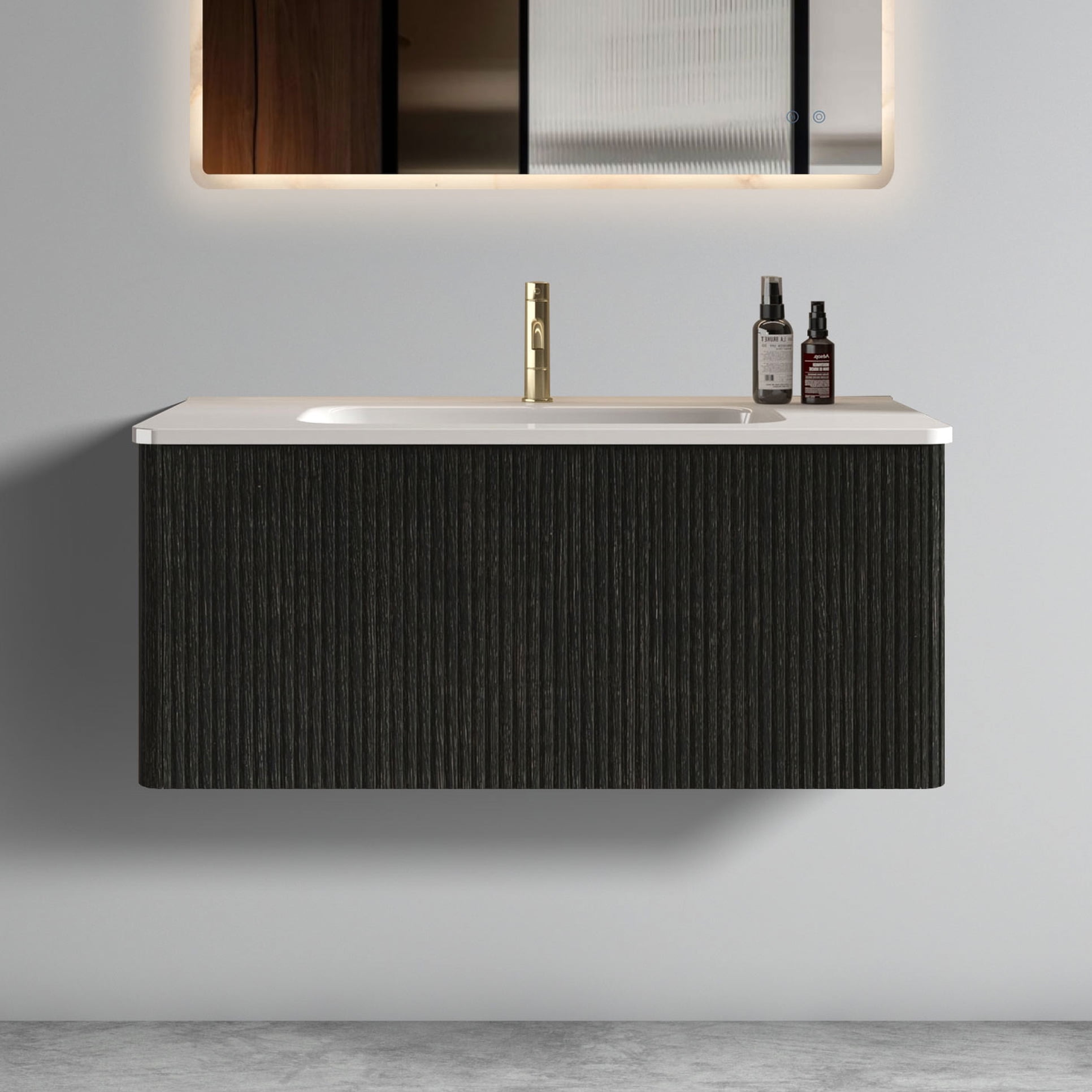 Modern Bathroom Vanity: 36" - Striped Black Oak, White Ceramic Sink ...