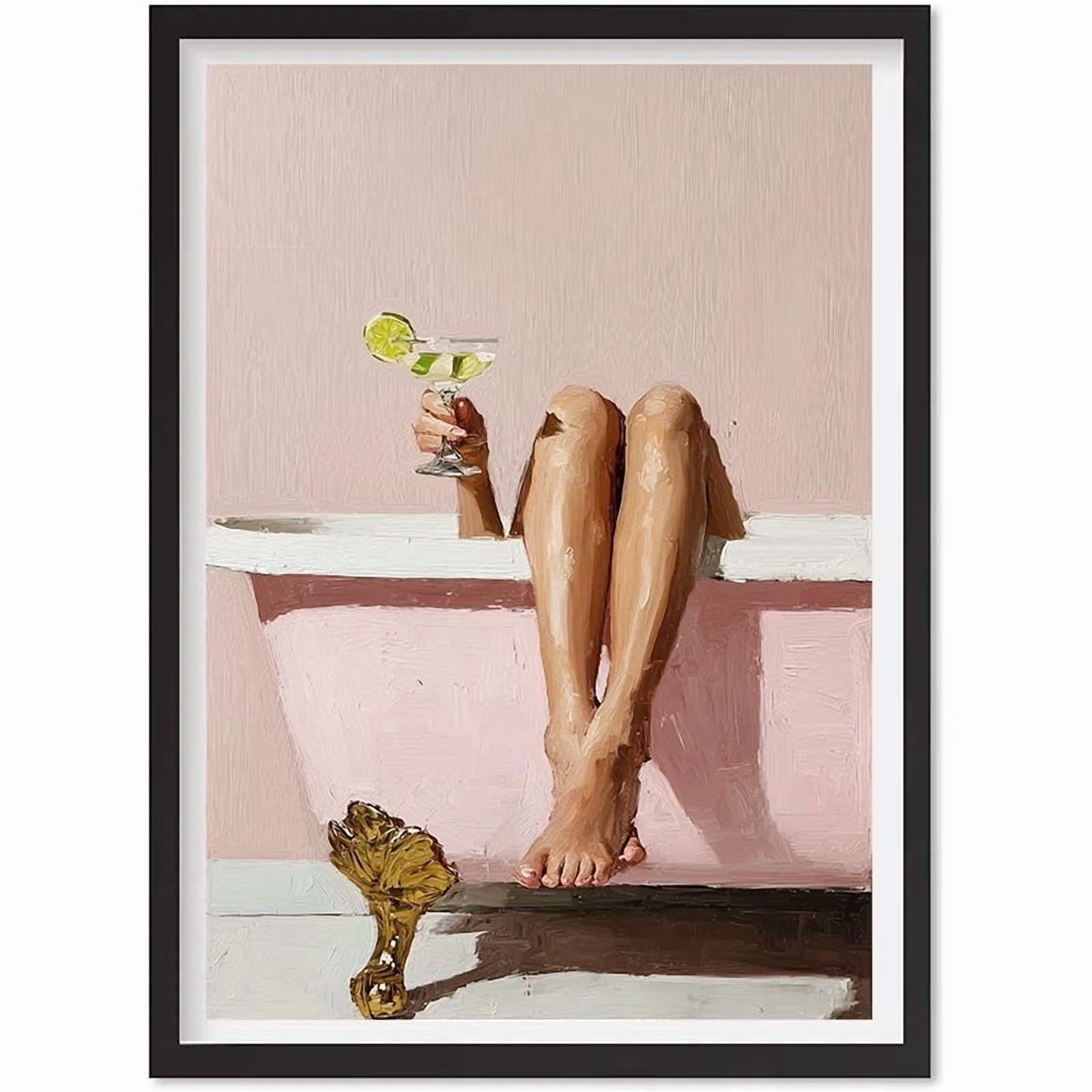 Modern Bathroom Wall Art Printable | Pink Bathtub With Martini Glass ...