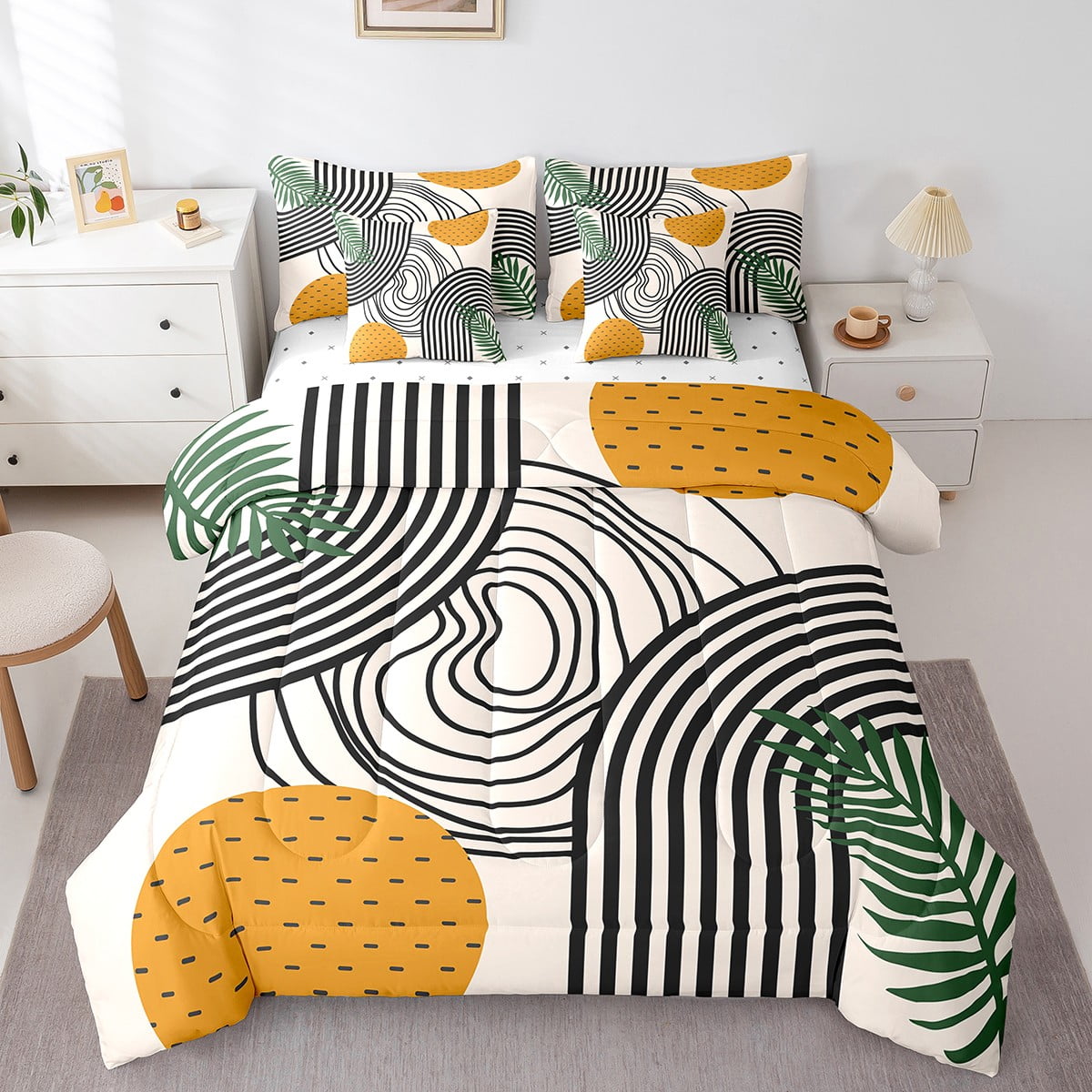 Modern Bed in a Bag 7pcs Abstract Art Bedding Set, Orange Black White ...