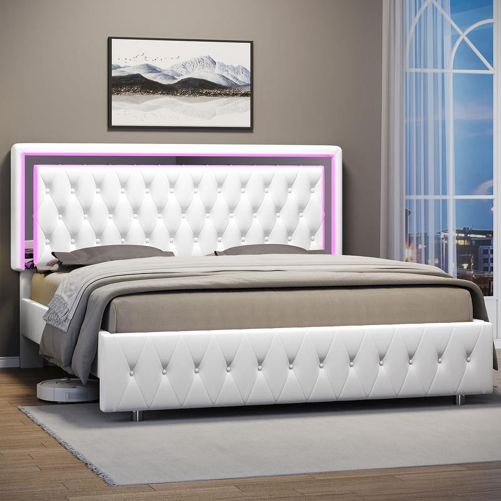 Modern Bed Frame with RGB LED Lights, Adjustable Headboard Velvet ...