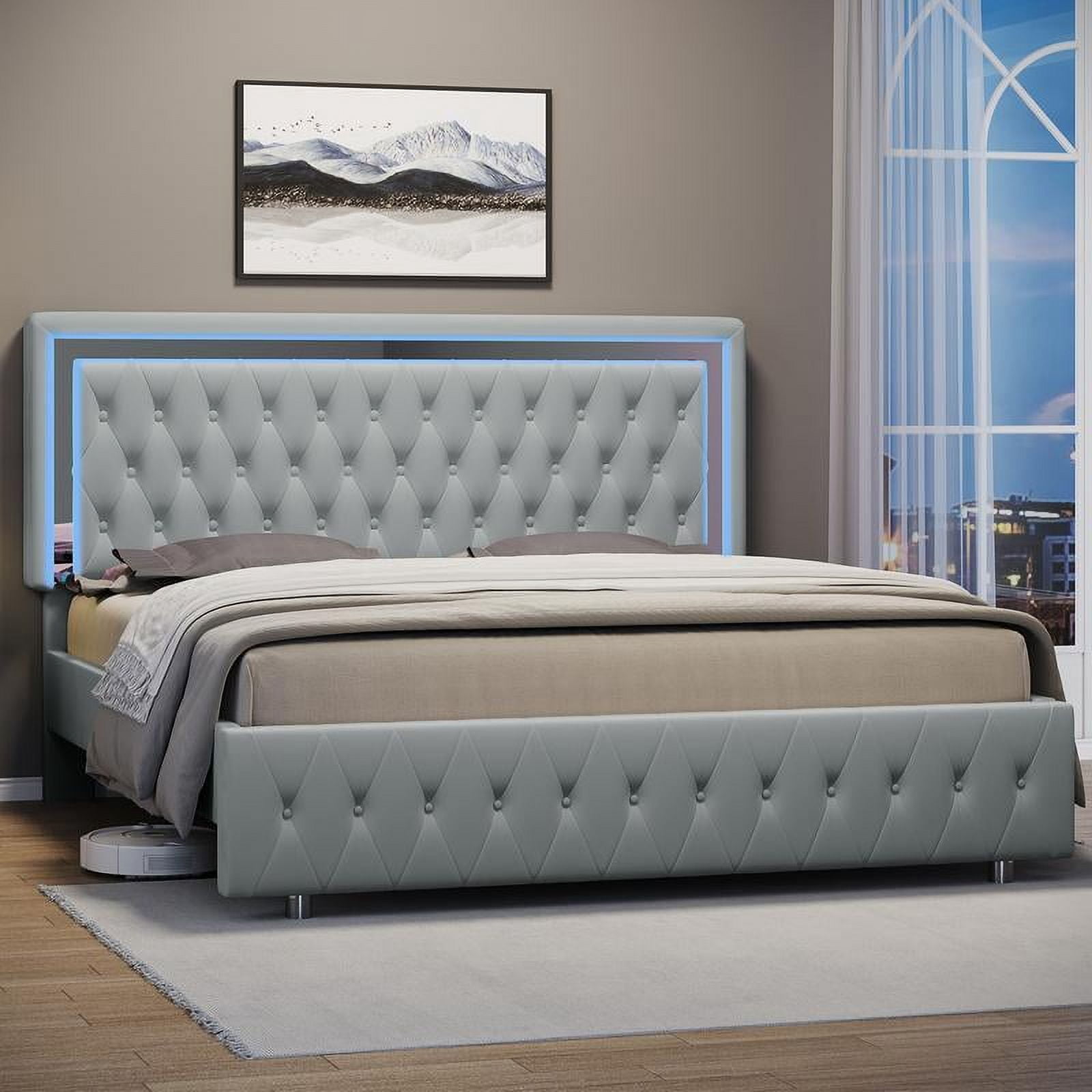 Modern Bed Frame with RGB LED Lights, Adjustable Headboard Velvet ...