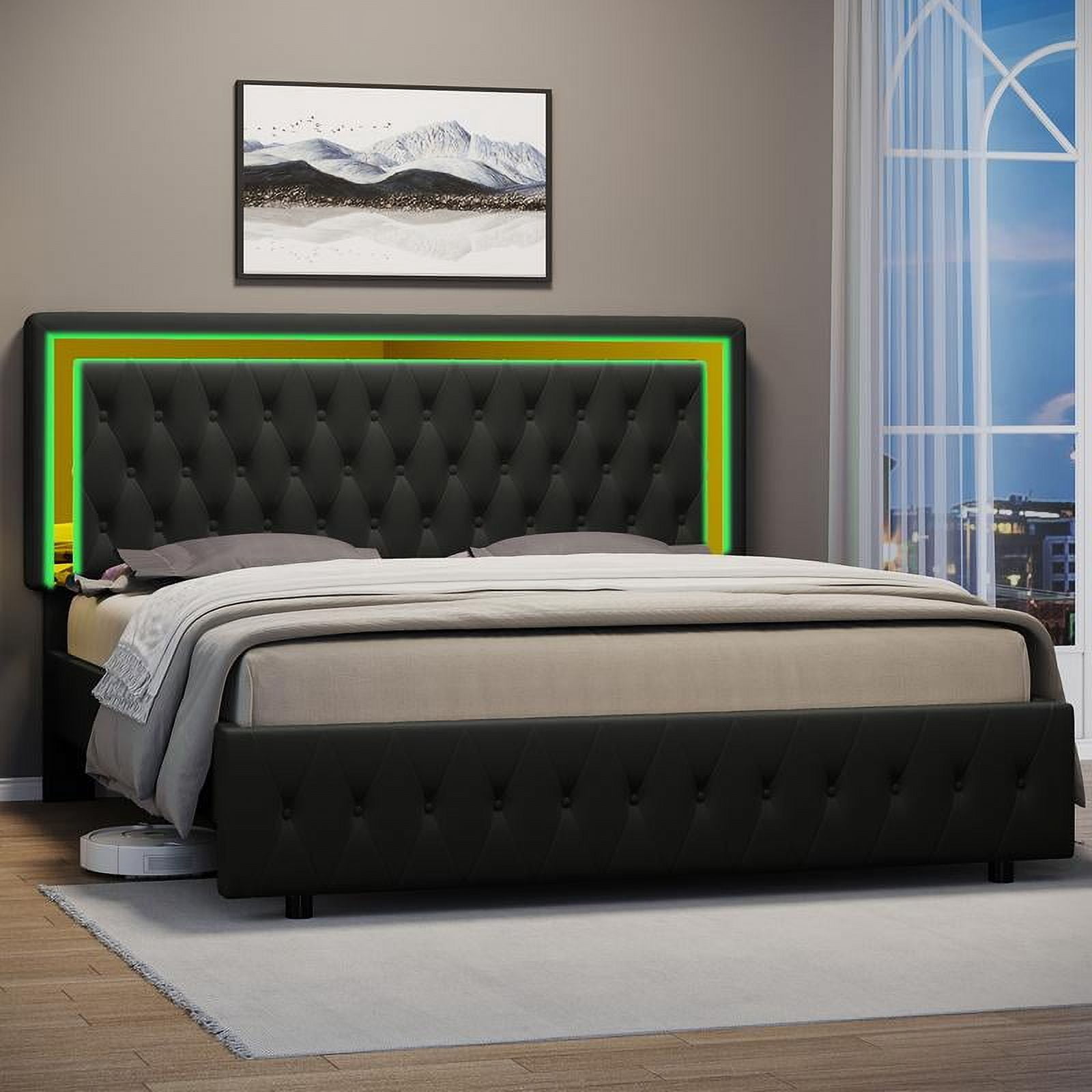 Modern Bed Frame with RGB LED Lights, Adjustable Headboard Velvet ...