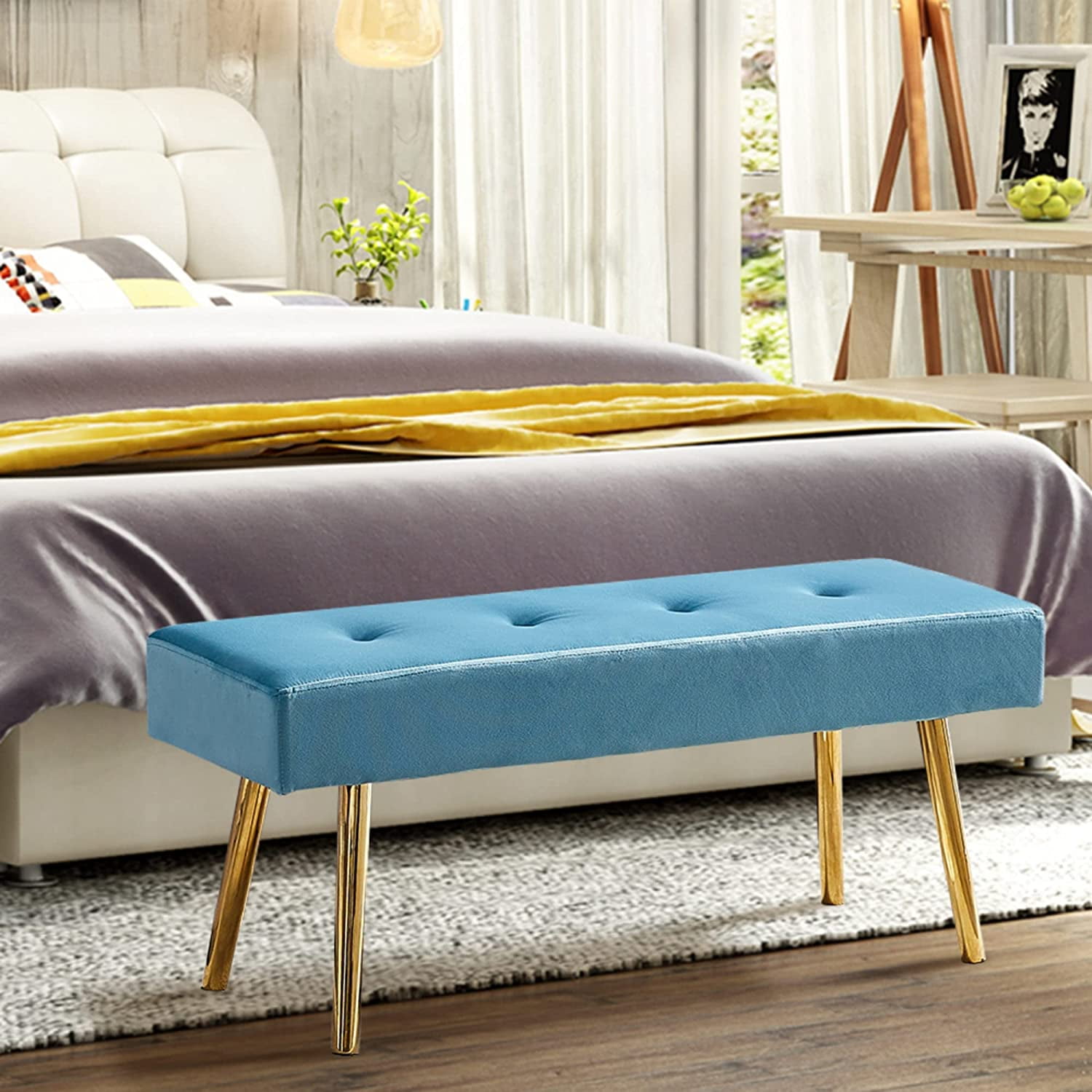 Modern Bed Side Bench, Tufted Velvet Upholstered Long Bed Bench End ...