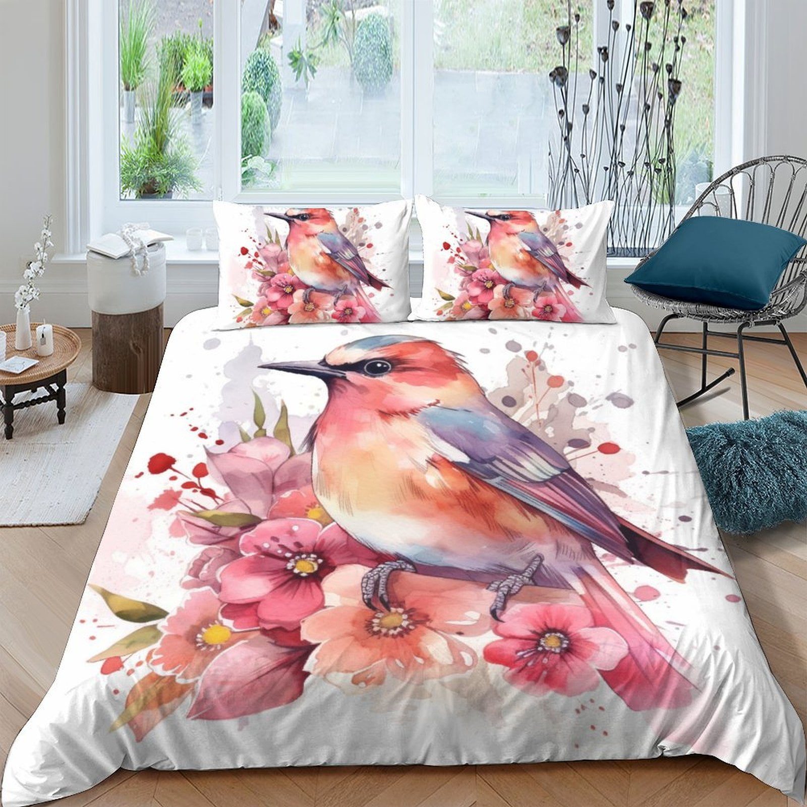 Modern Bedding Set Flower Bird Watercolor Painting Comforter Cover Set ...