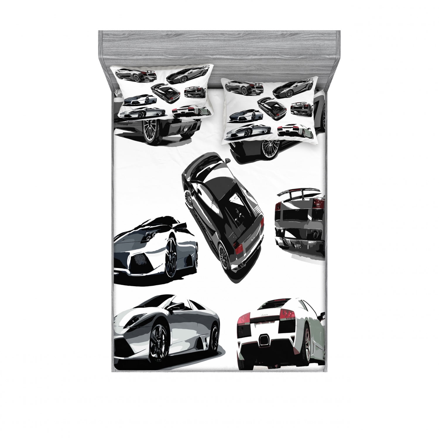 Modern Bedding Set with Sheet & Covers, Grey Cars from Various Angles ...