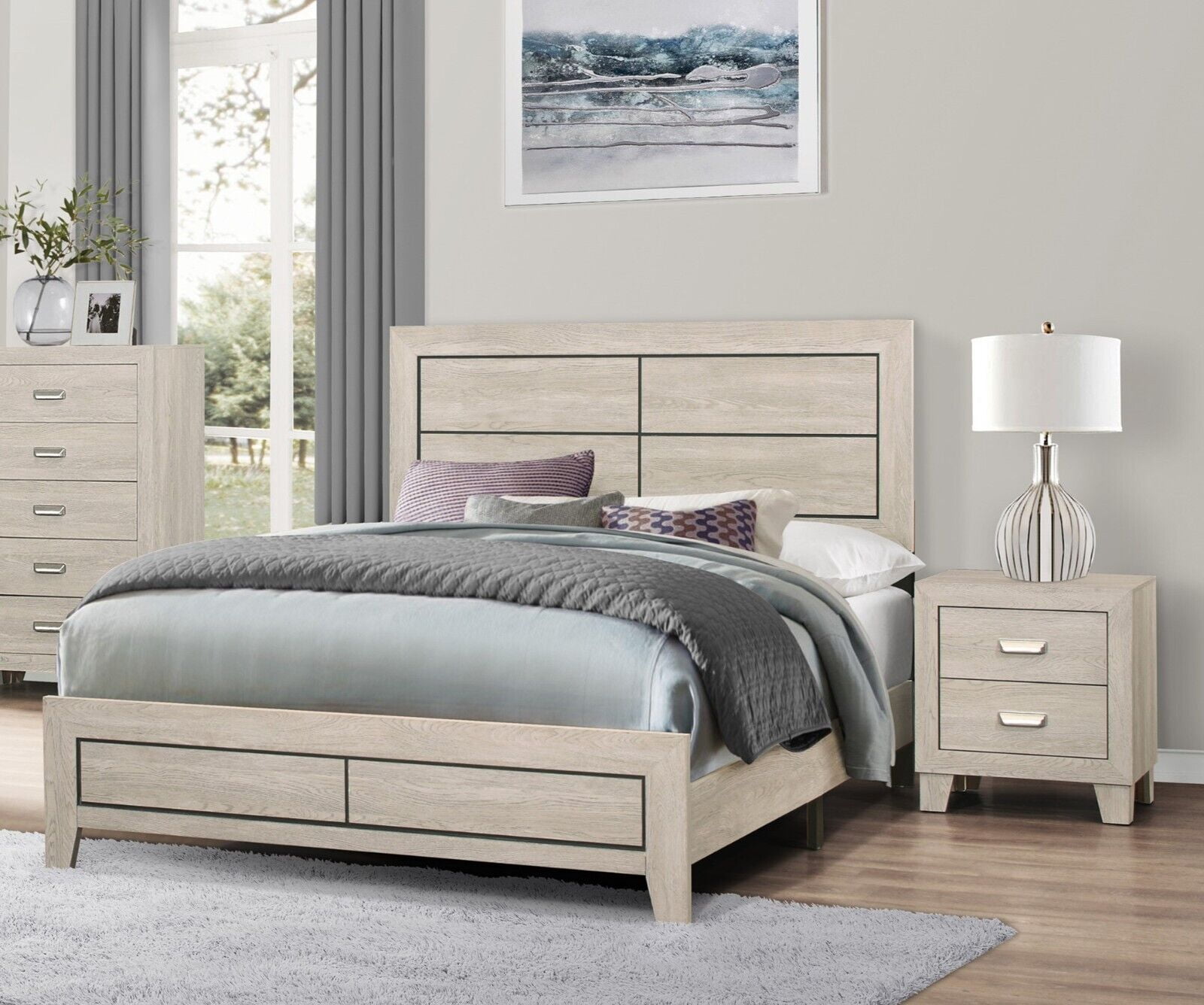 Modern Bedroom 3pc King Panel Bed and Nightstands Set Light Brown ...