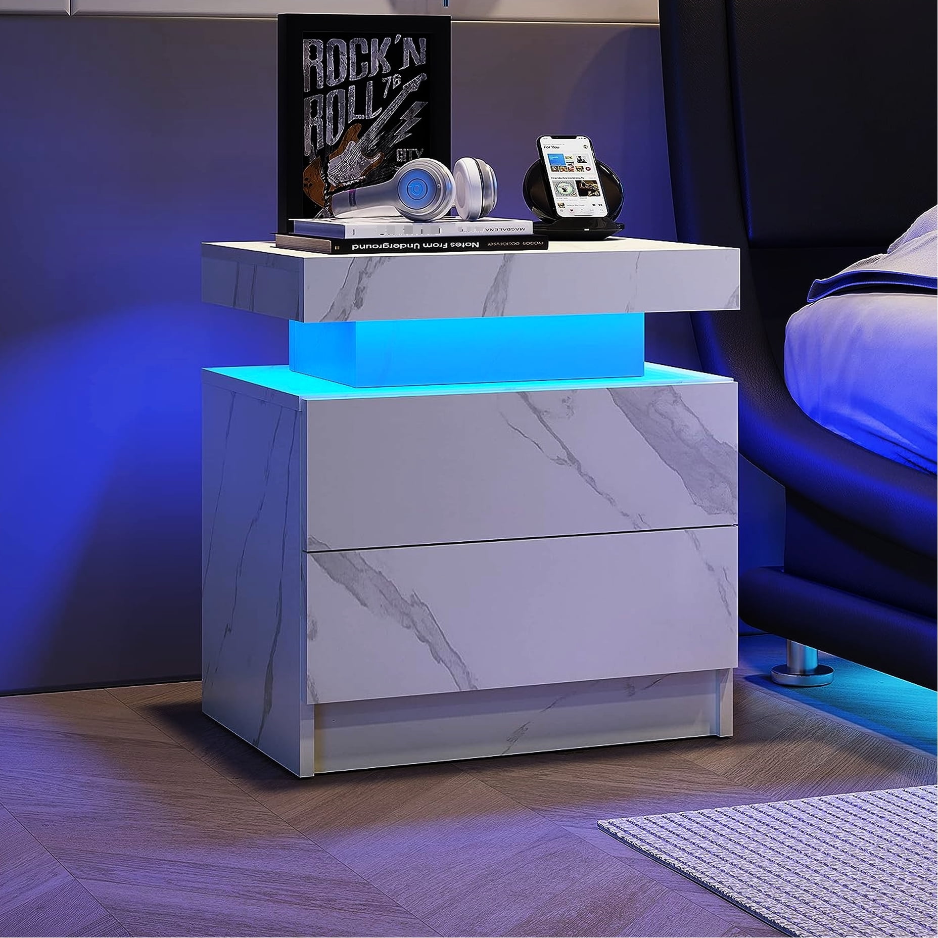 Modern Bedroom End Table With Led Lights - 2 Drawers & Decorative ...