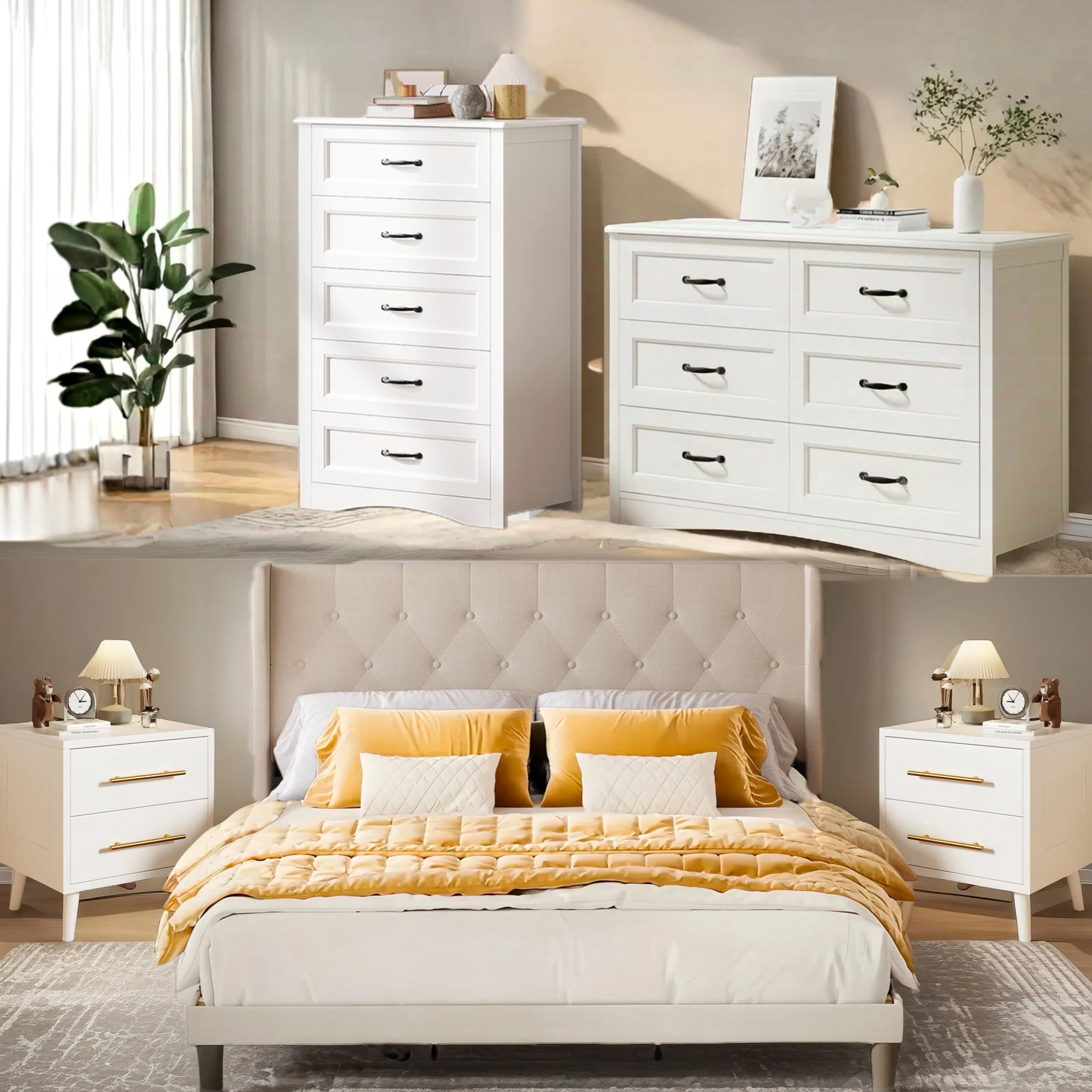 Bedroom Furniture Set, Queen Bed Frame, 2 Nightstands, 5-Drawer Dresser ...