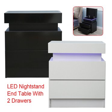 Unique Night Bedroom High Gloss LED Nightstand, 2 Drawers End Table ...