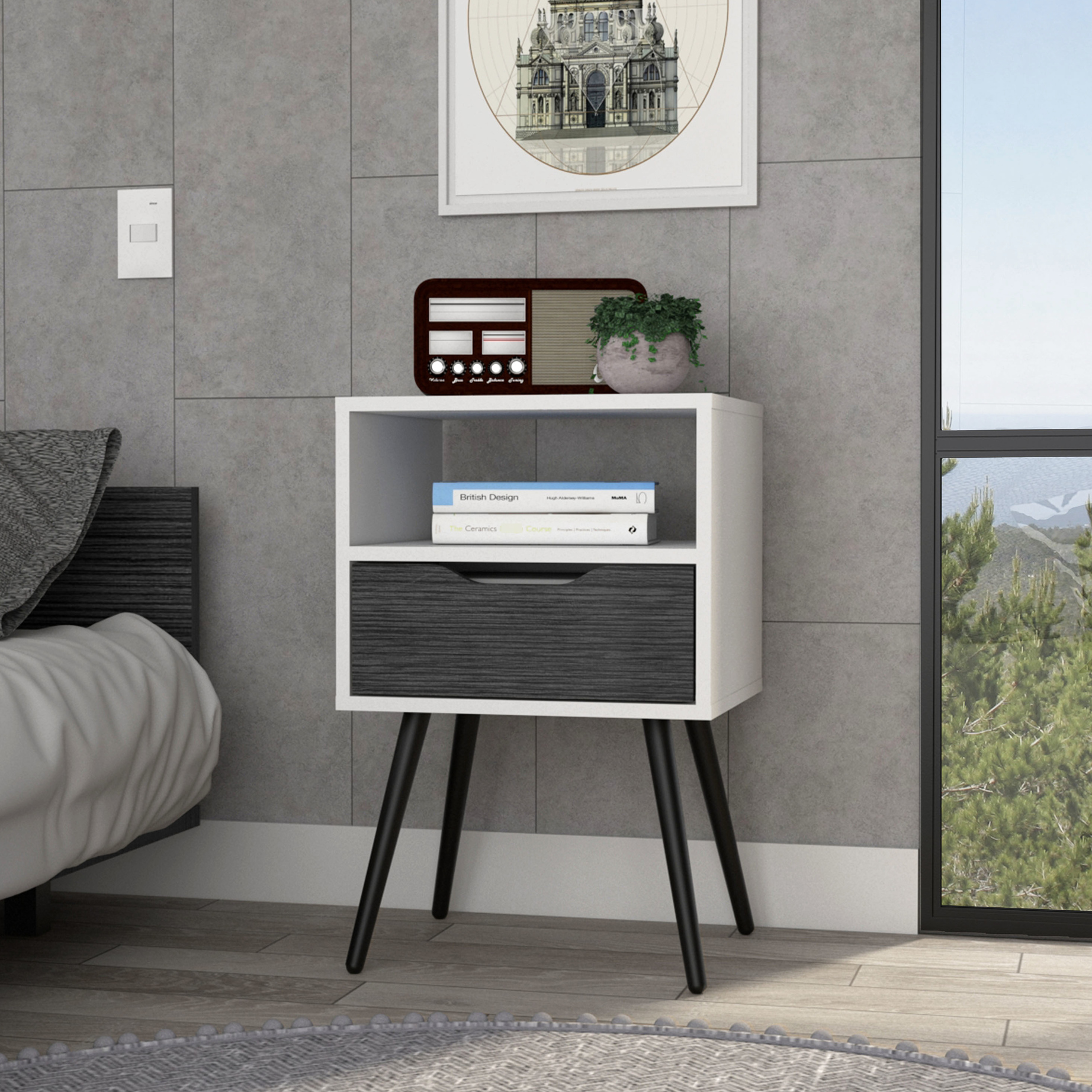 Modern Bedroom Nightstand - 1 Drawer, Shelf, Multicolor Option Oak ...