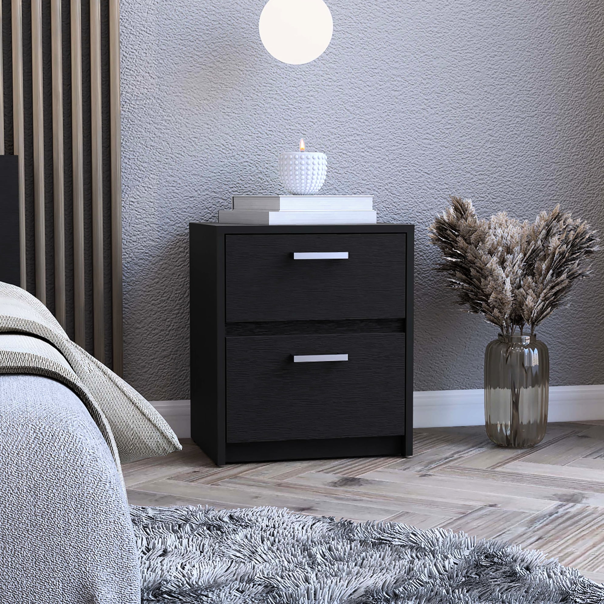Modern Bedroom Nightstand With 2 Drawers - Black End Table Storage 2 ...