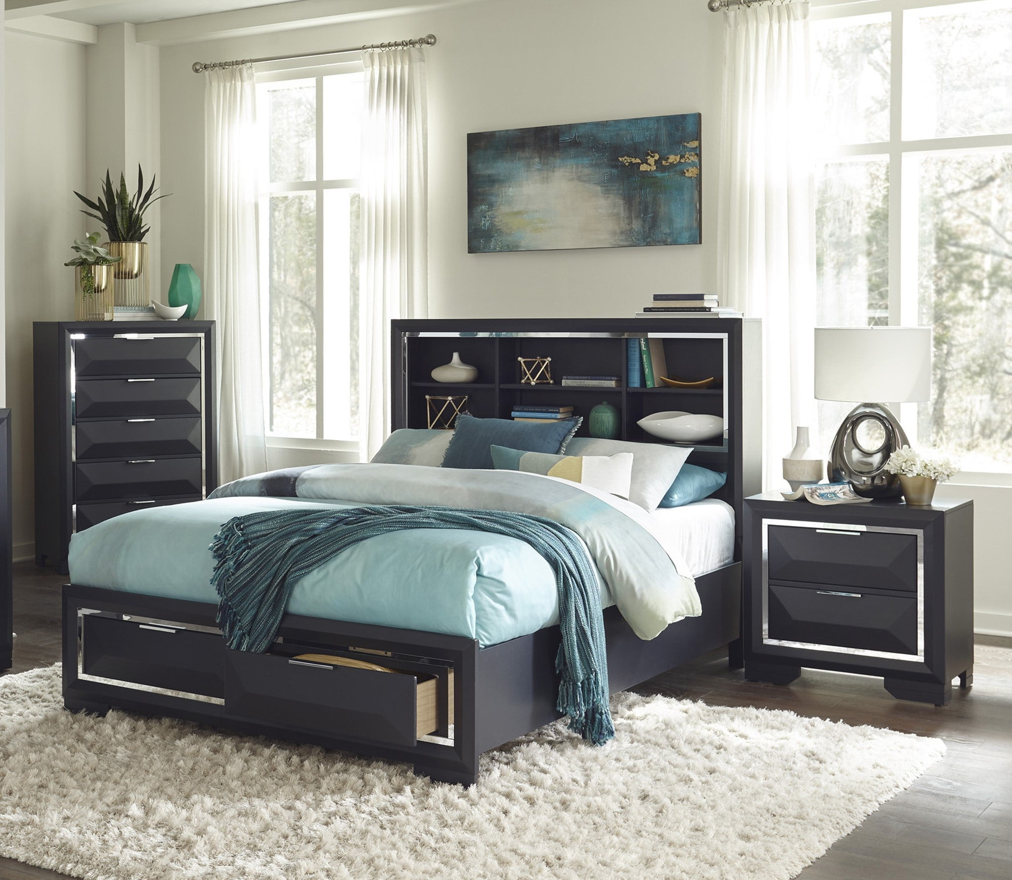 Modern Bedroom Set King 3pc Platform Storage Bed Chest Nightstand ...