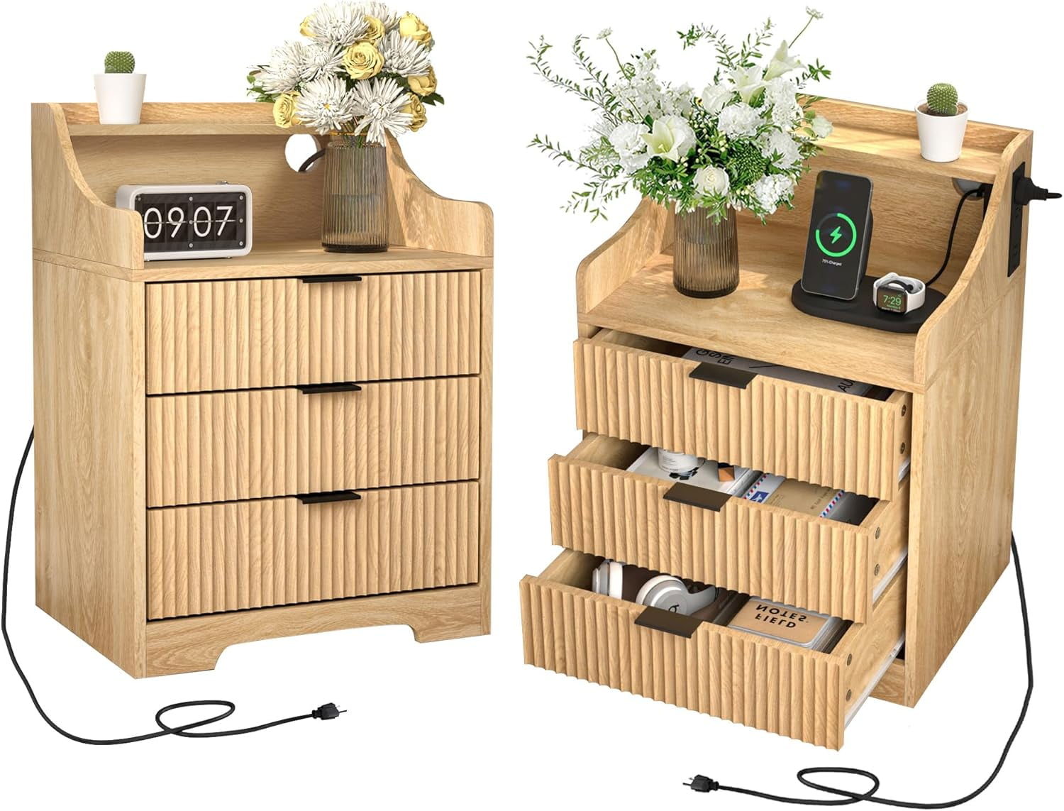 Modern Bedroom Set of 2, Wood 3 Drawer Fluted Nightstand with Charging ...