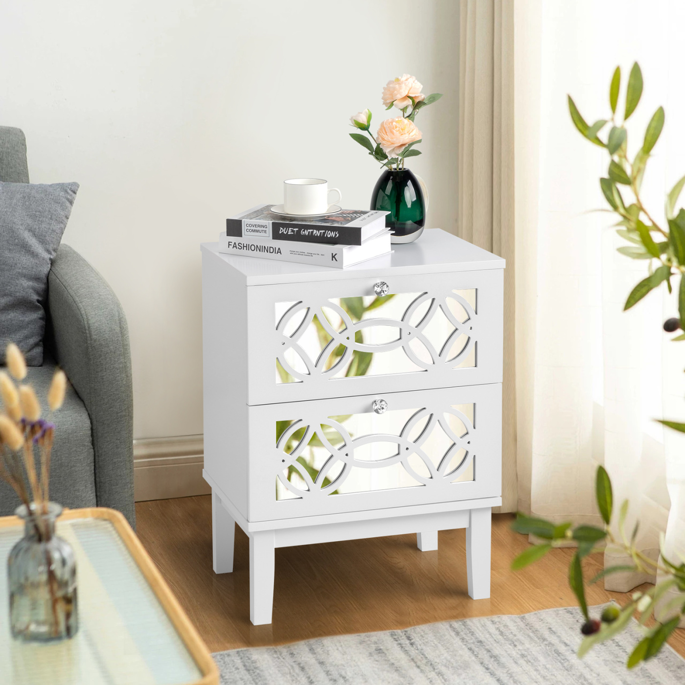 Modern Bedside Table with Storage Drawers and Smoked Mirror, Nightstand ...
