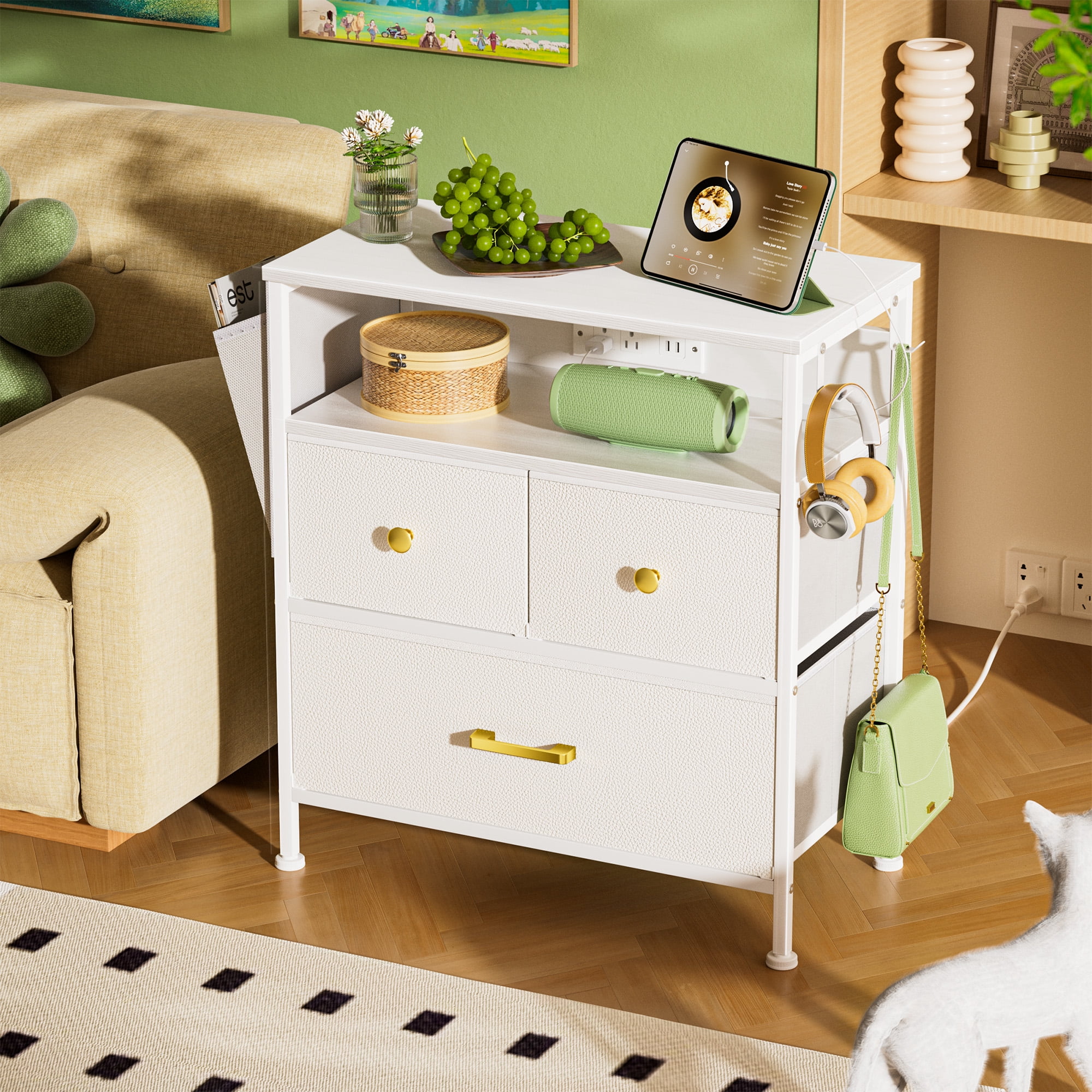 Modern Bedside Table with Wide Nightstand, Charging Station, and LED ...