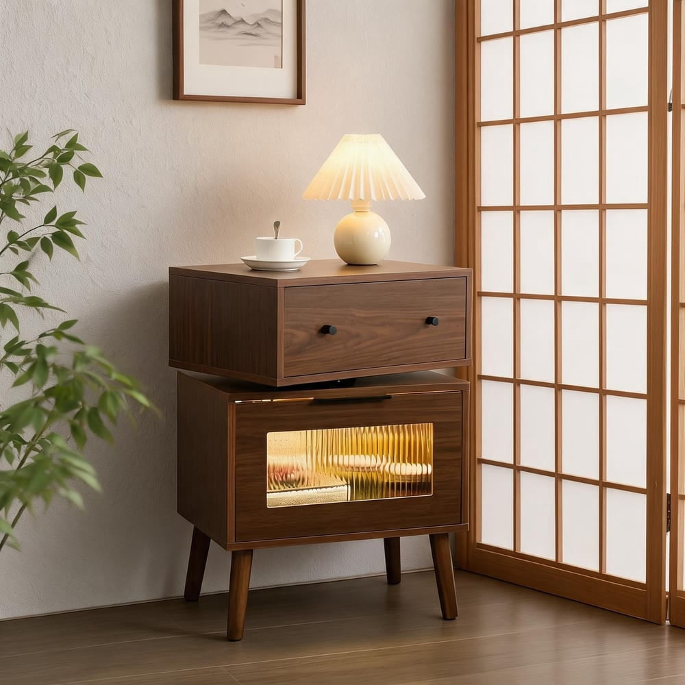 Modern Bedside Table with 360° Rotating Drawer and Stylish Glass Door ...