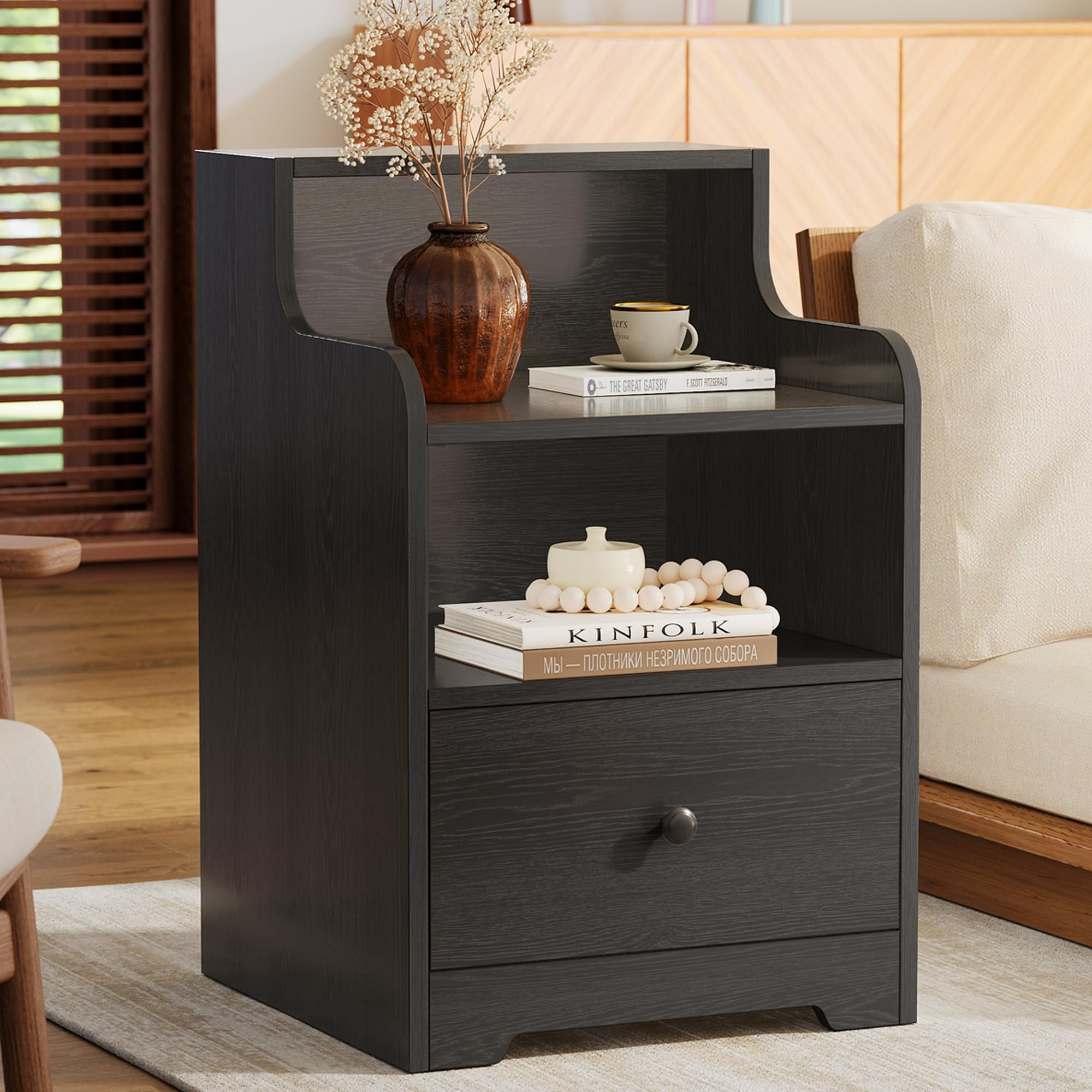 Modern Bedside Table with Drawer and Open Shelf, Nightstand with Storage Hutch, Versatile End ...