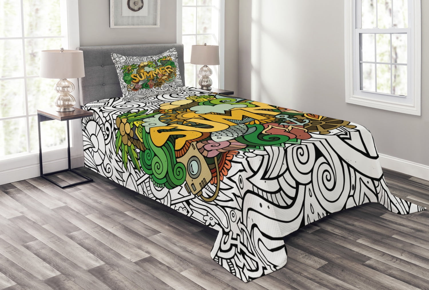 Modern Bedspread Set, Summer Typography over Tropical Sun Objects ...
