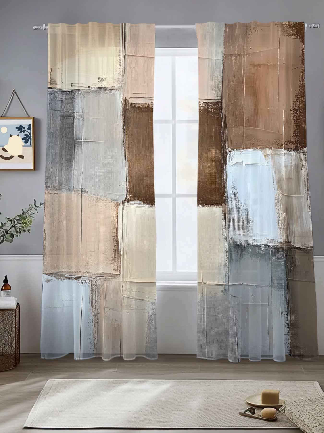 Modern Beige Brown Sheer Curtains for Living Room Bedroom Abstract Oil ...