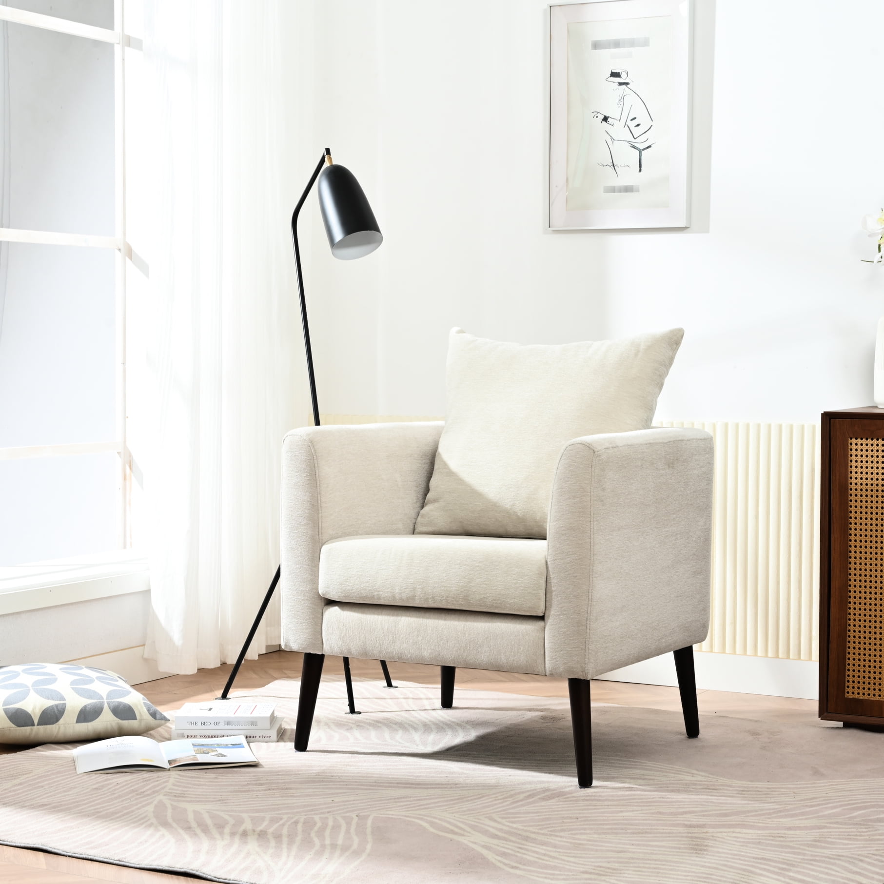 Modern Beige Chenille Chair For Dining Room And Bedroom Decor Comfy ...