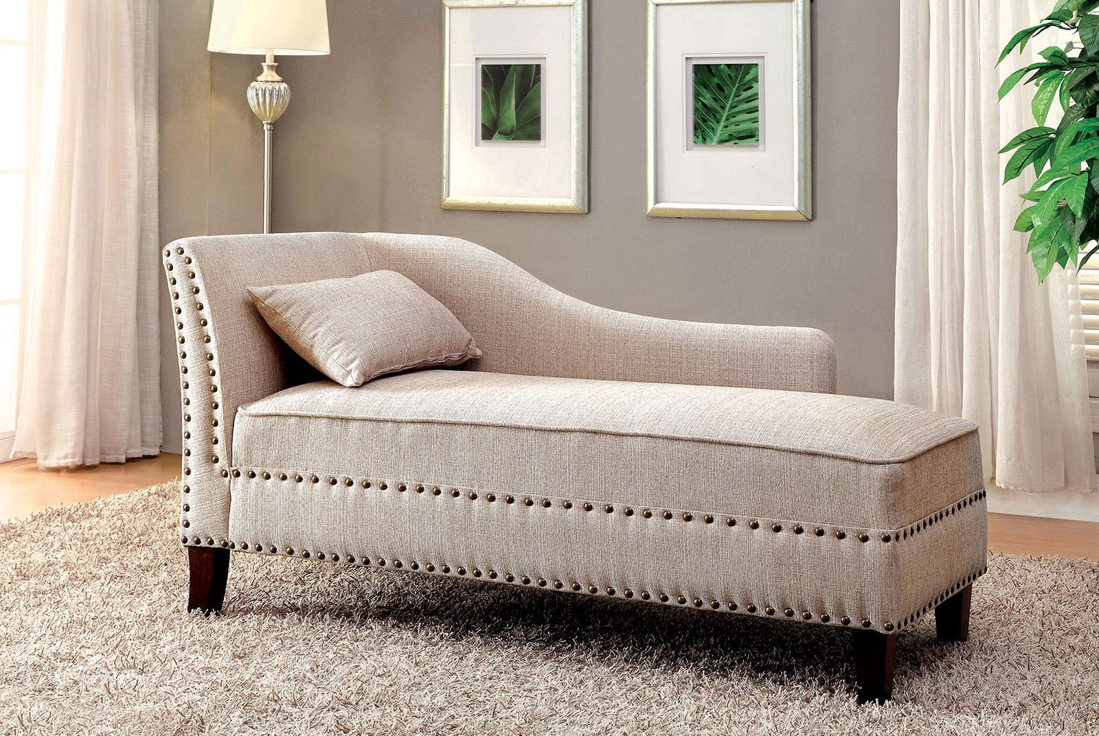 Modern Beige Linen Chaise Lounge - 61" Contemporary Bench with Nailhead ...