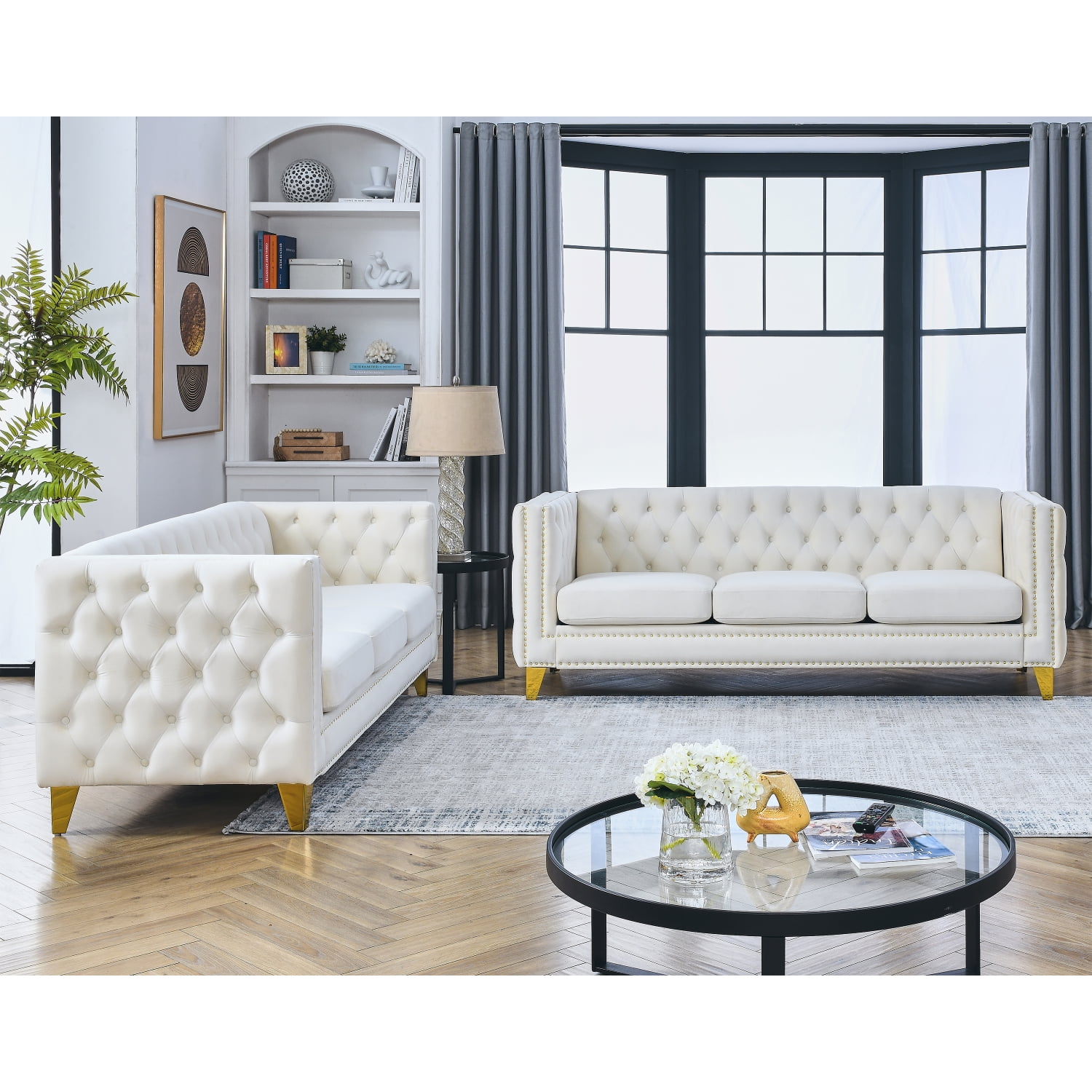 Modern Beige Velvet Sofa with Buttons Tufted Square Arm Upholstered in Soft Velvet Metal Legs ...