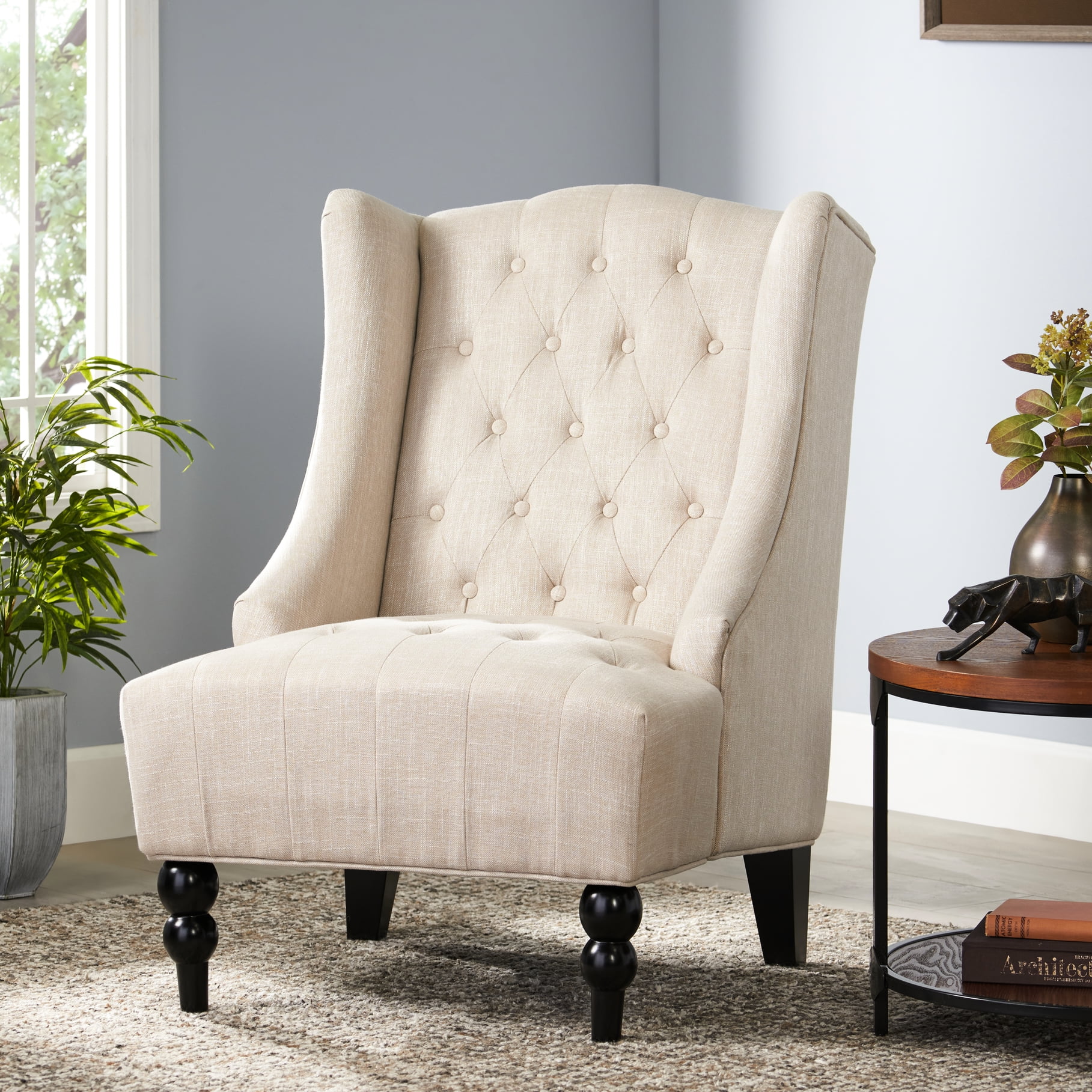 Modern Beige Wingback Seat With Sophisticated Button Tufting And Birch ...