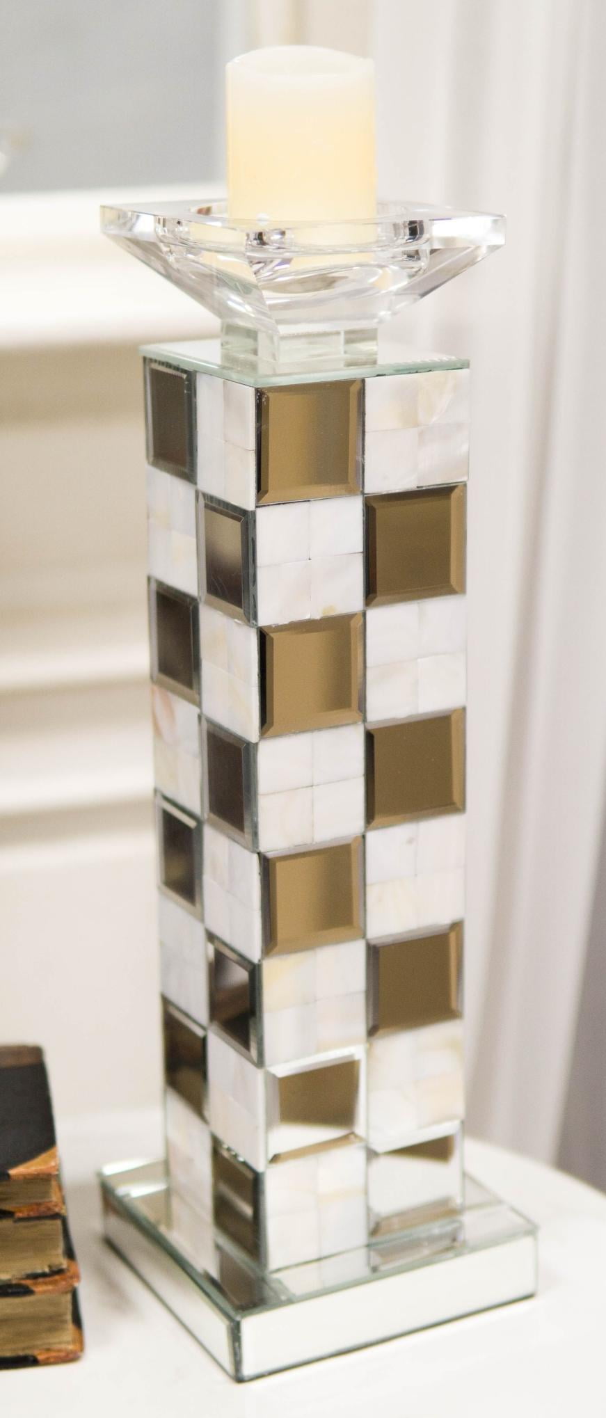 Modern Beveled Mirrors Capiz Shells Checkered Pillar Candle Holder ...