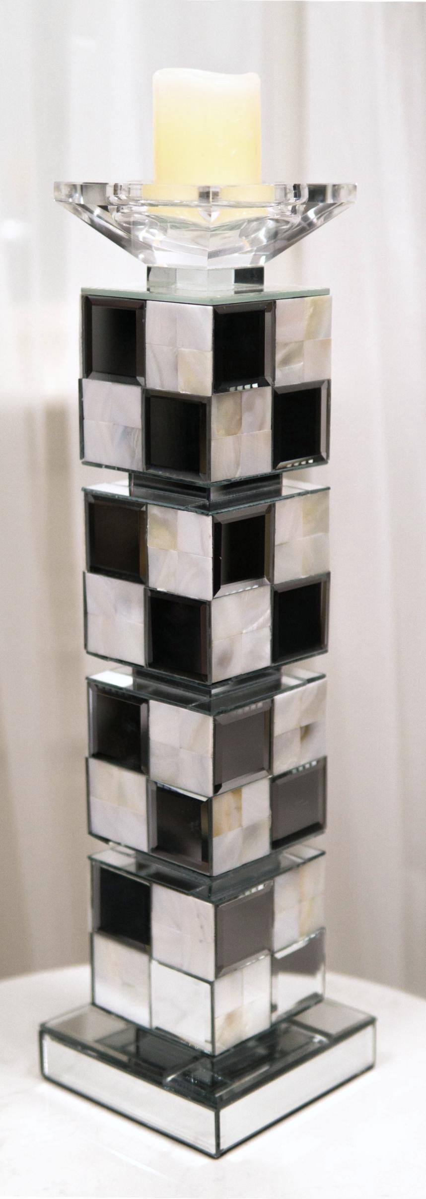 Modern Beveled Mirrors Capiz Shells Checkered Pillar Candle Holder ...