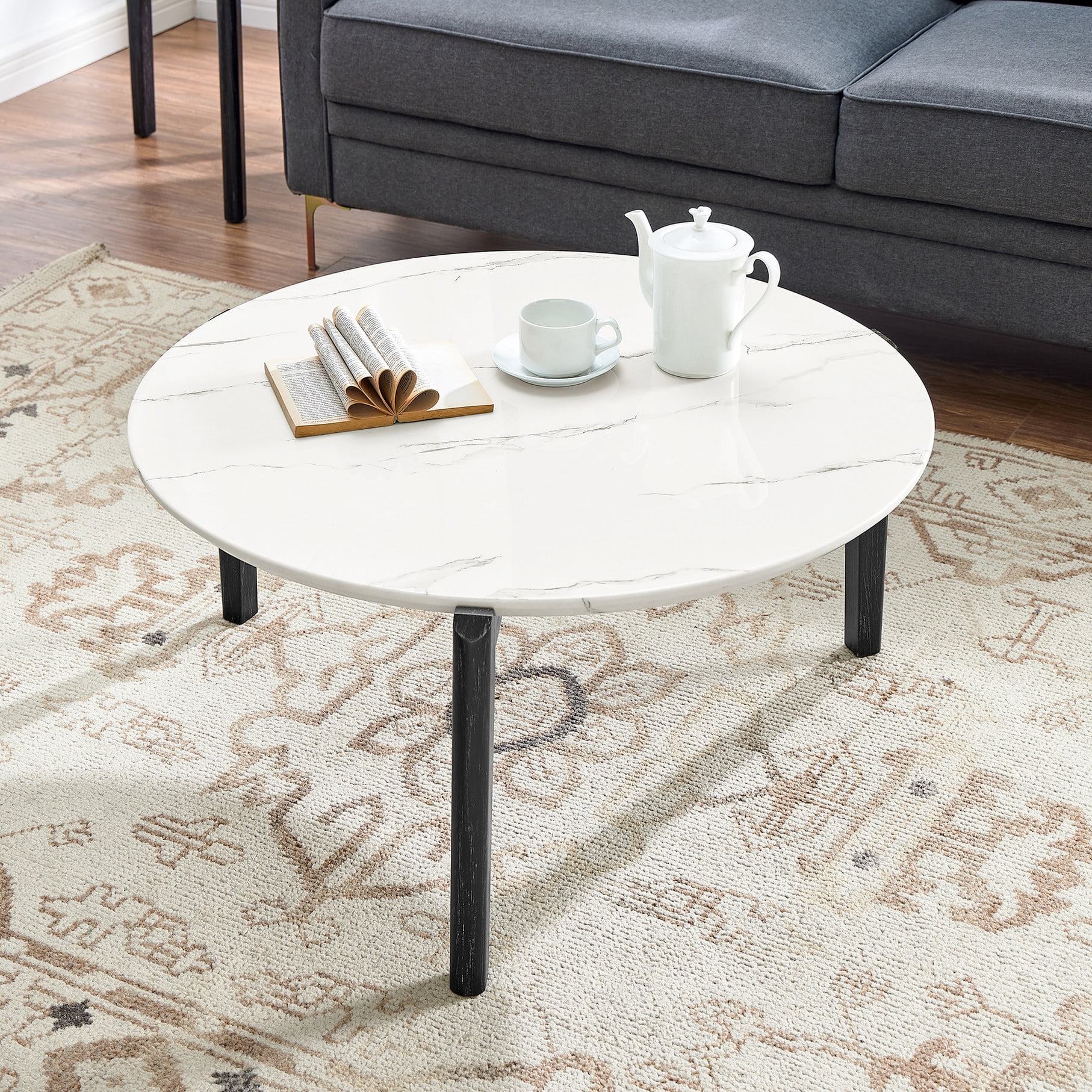 Modern Beveled Round Coffee Table with Solid Rubberwood Legs | Suitable ...