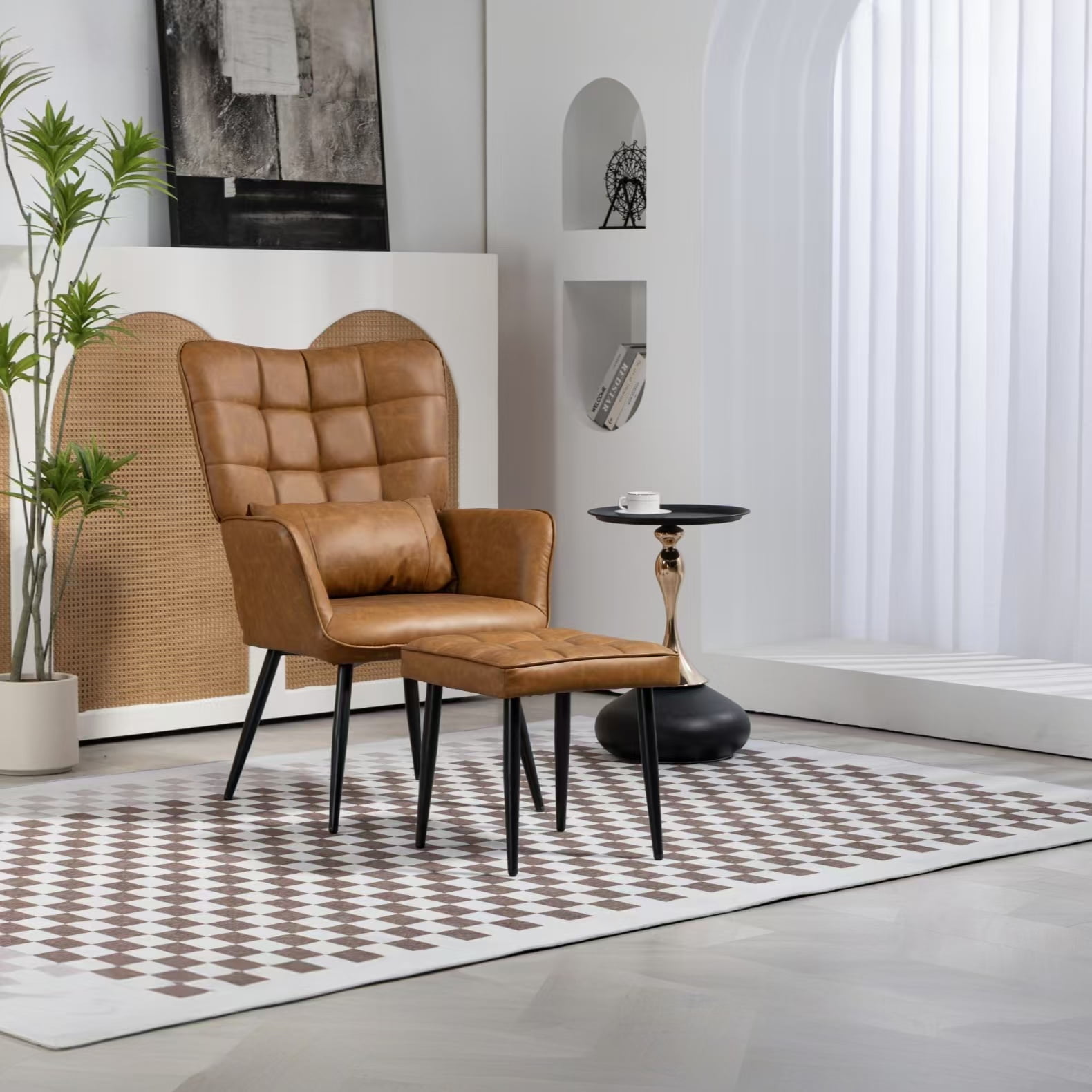 Modern Biscuit-Tufted Accent Chair Ottoman Set Sturdy PU Leather ...