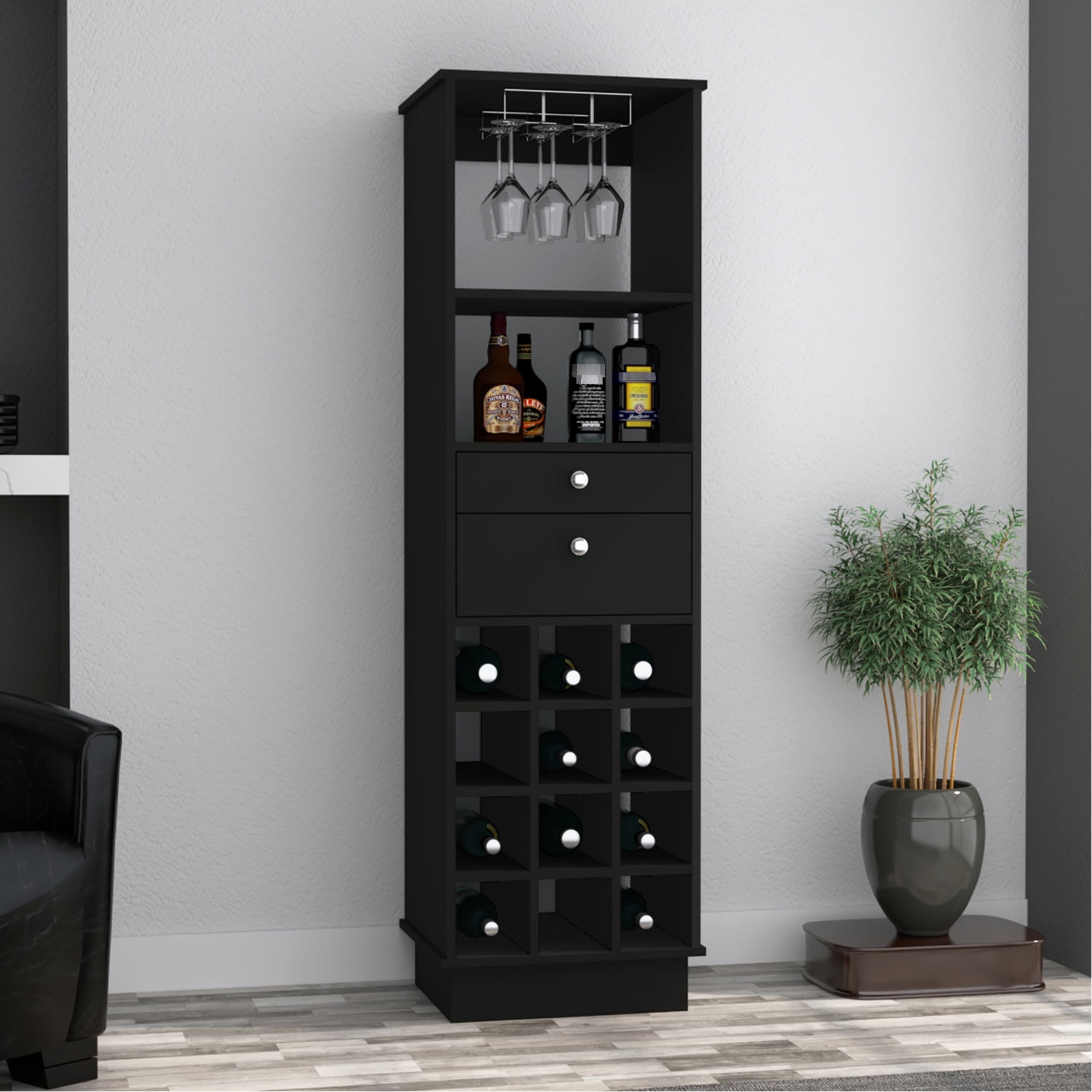 Modern Black 12 Beverage Cabinet With 2 Drawer Storage Spaces And 1 ...