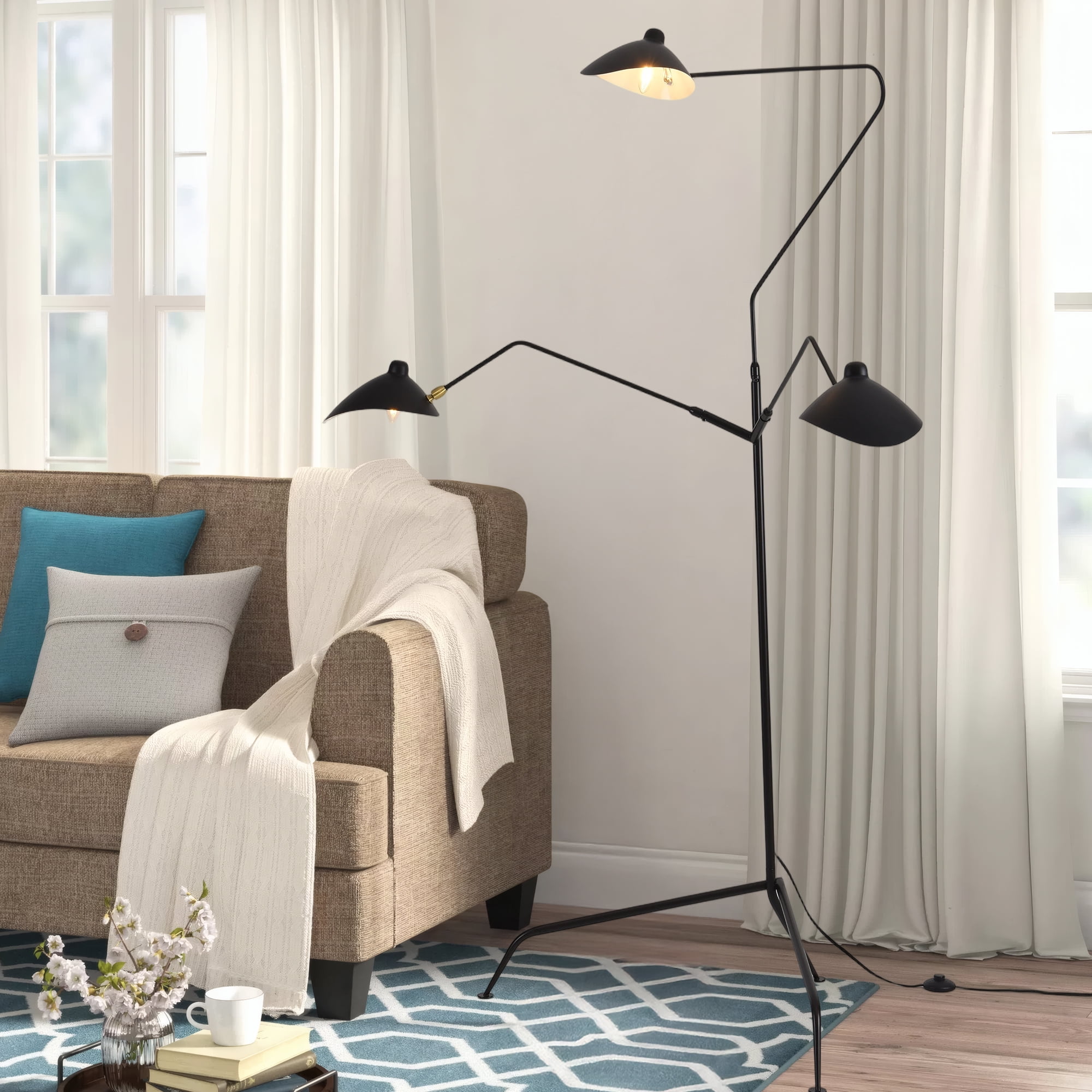 Modern Black 3-Light Tall Floor Lamp, Mid-Century Adjustable Standing ...