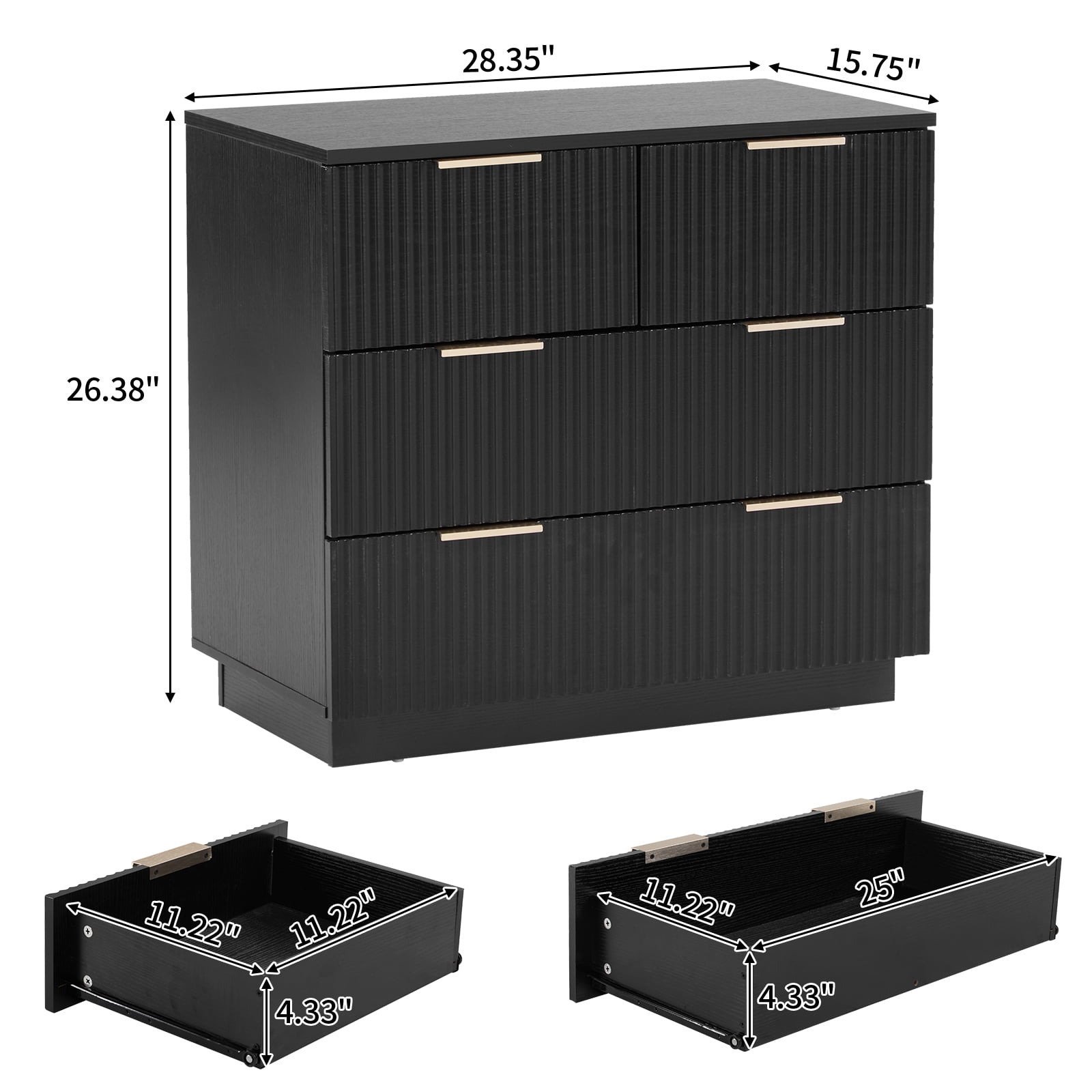 Modern Black 4-Drawer Nightstand - Wavy Pattern Cabinet Bedside Table ...