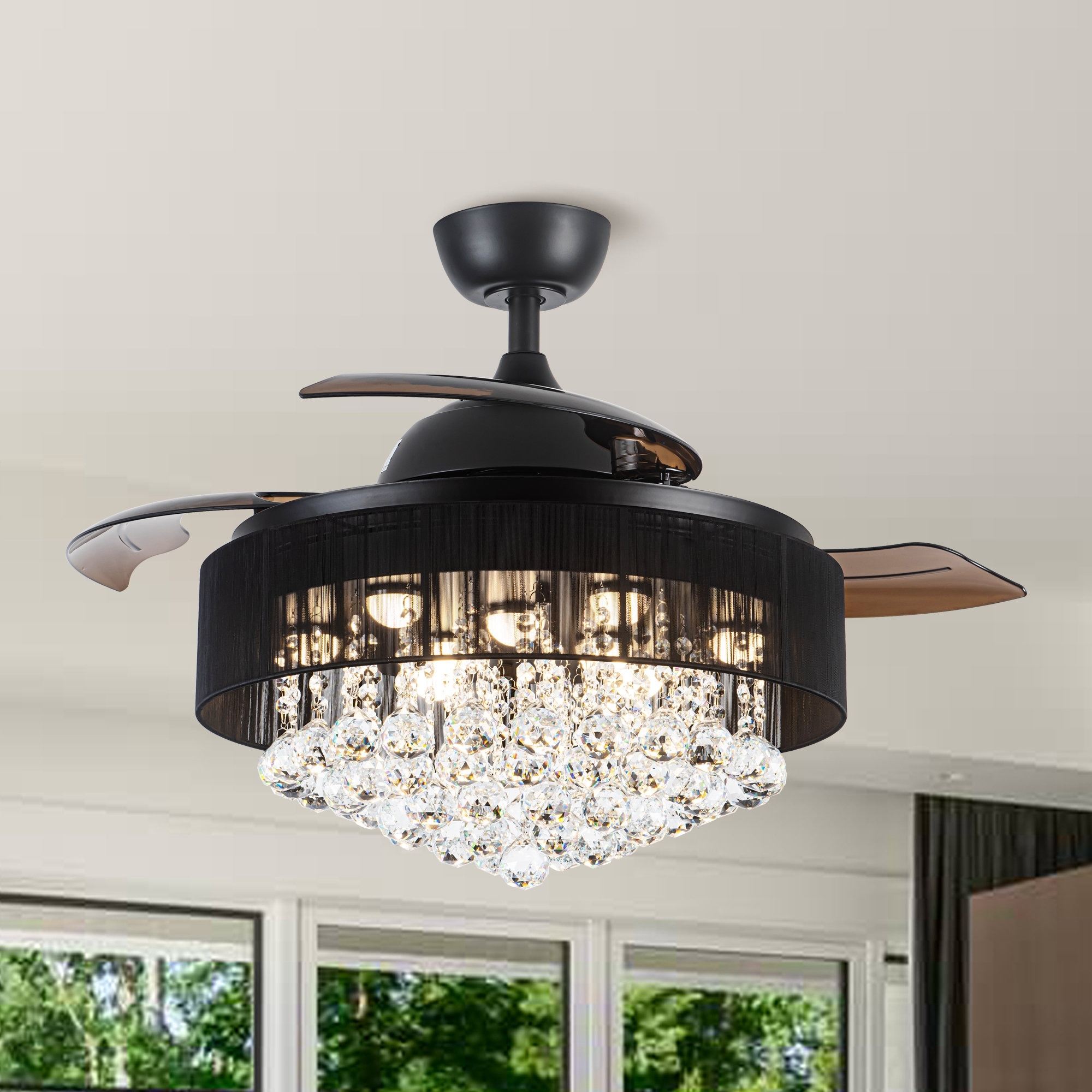 Modern Black 46-Inch LED Crystal Chandelier Ceiling Fan with Remote ...