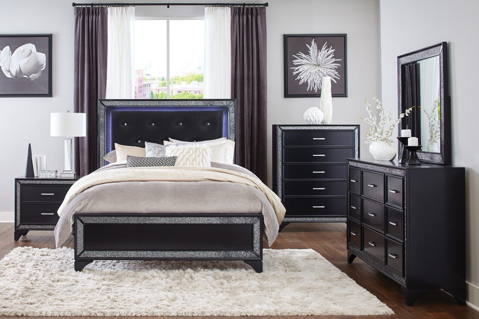 Modern Black 5pc Bedroom Set King Panel LED Headboard Bed Two ...