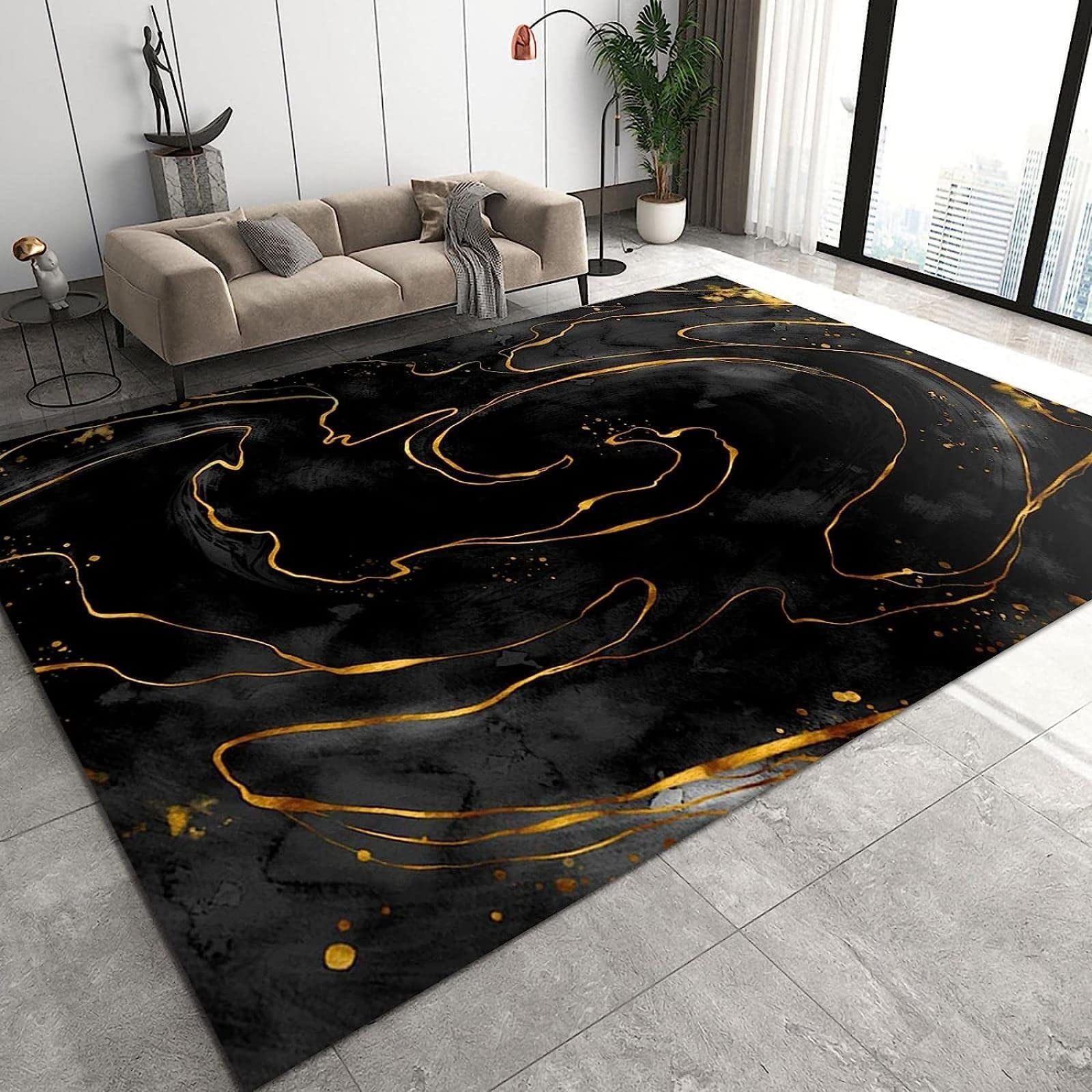 Modern Black And Gold Marble Rugs For Living Room, Luxury Gold Kids ...