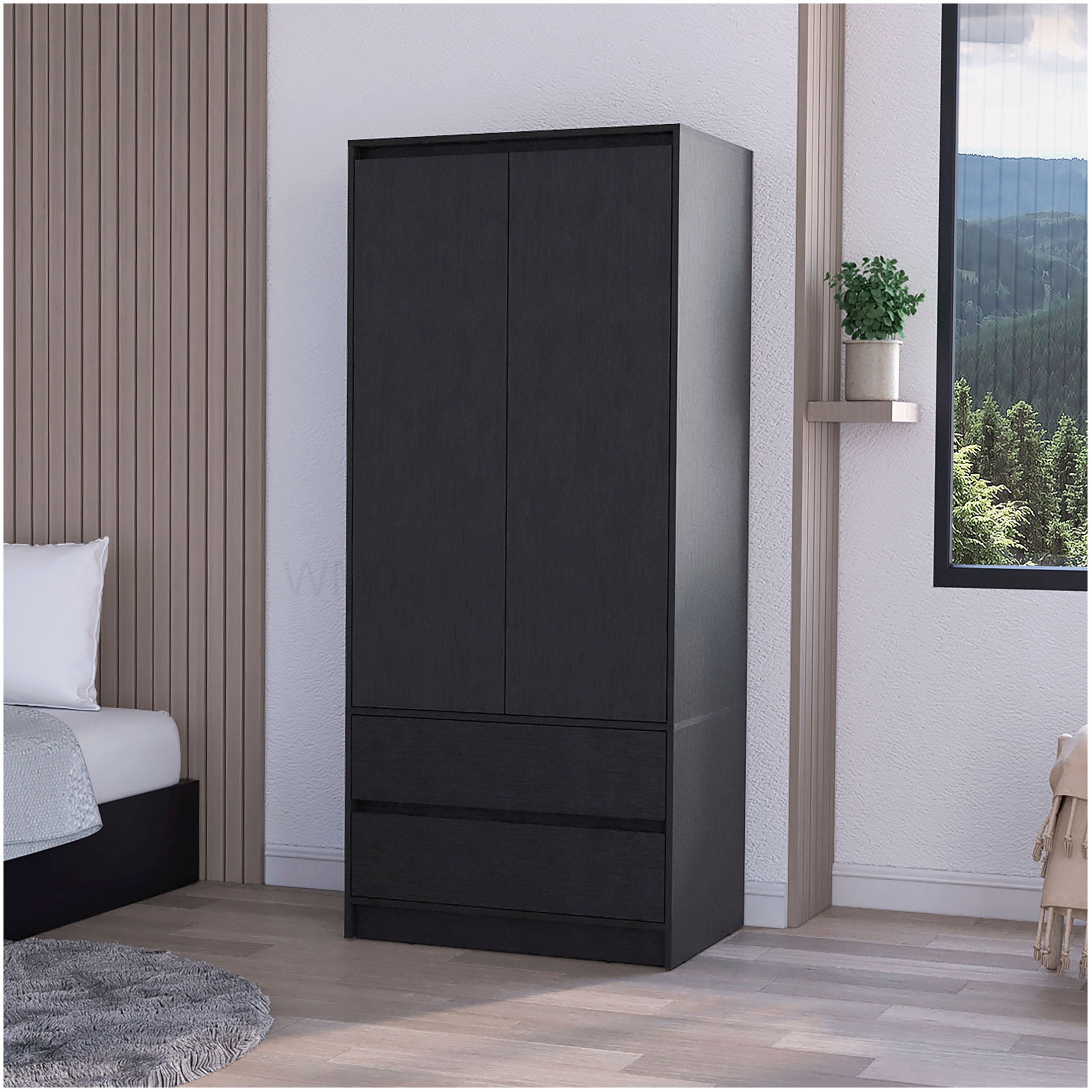 Modern Black Armoire with 2 Drawers and Hanging Space, Wood Bedroom ...