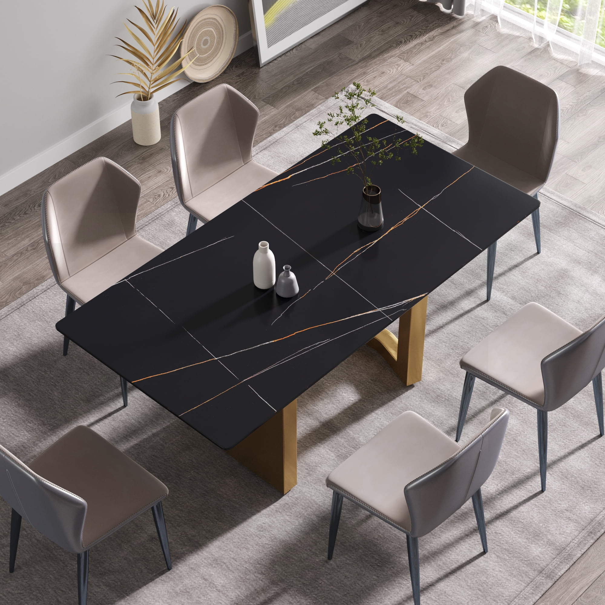 " Modern Black Artificial Stone Dining Table with Straight Edge Golden ...