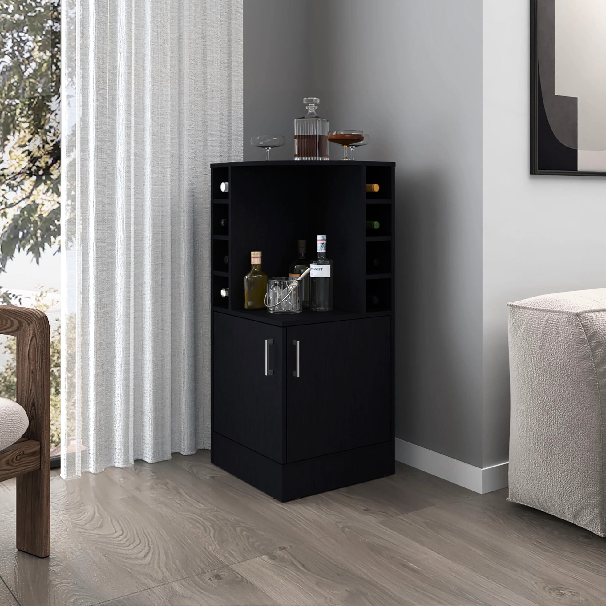 Modern Black Bar Cabinet Featuring Shelf Space And Bottle Storage ...